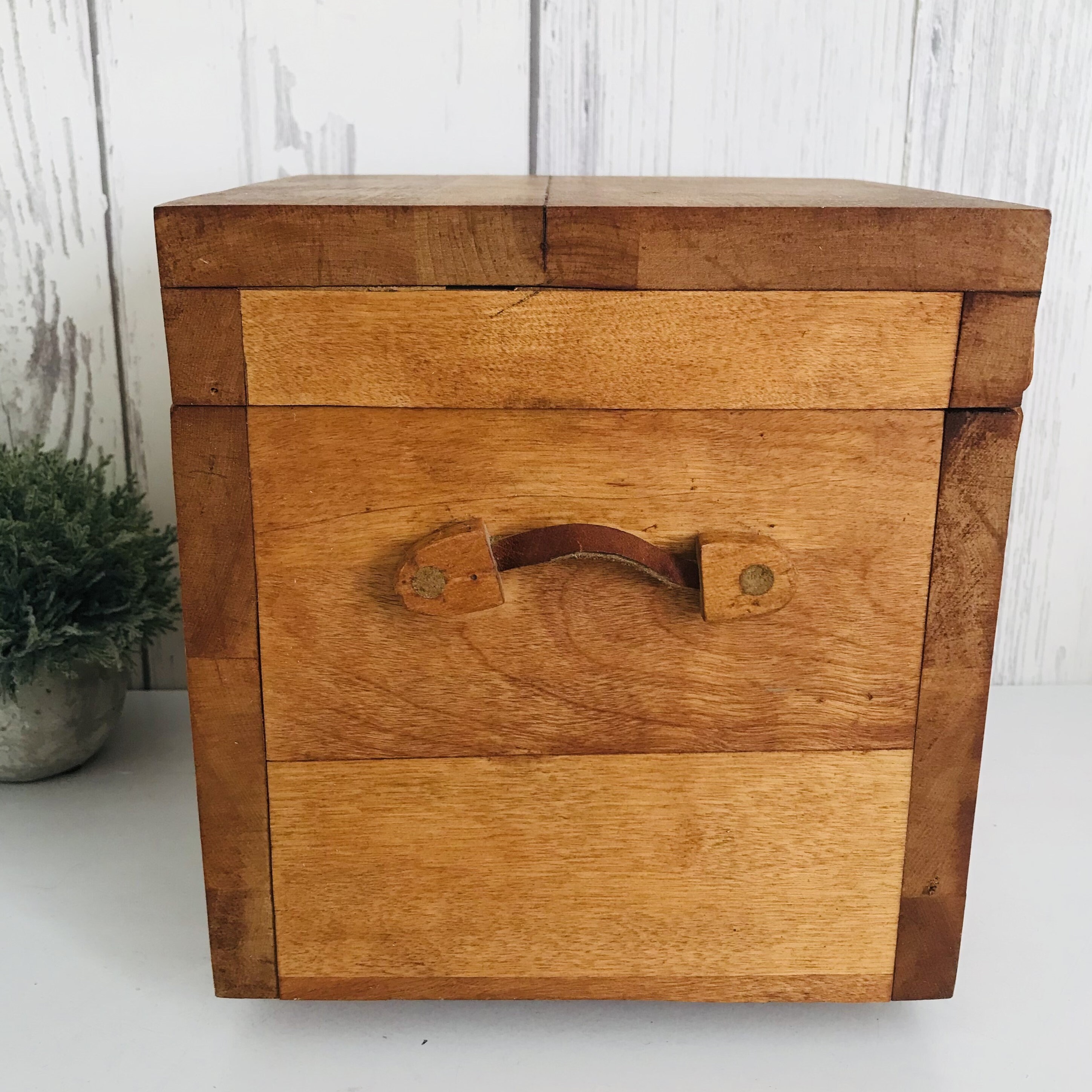 Vintage Wood Box With Lid, Leather Handle Wooden Box, Hand Crafted Wood ...