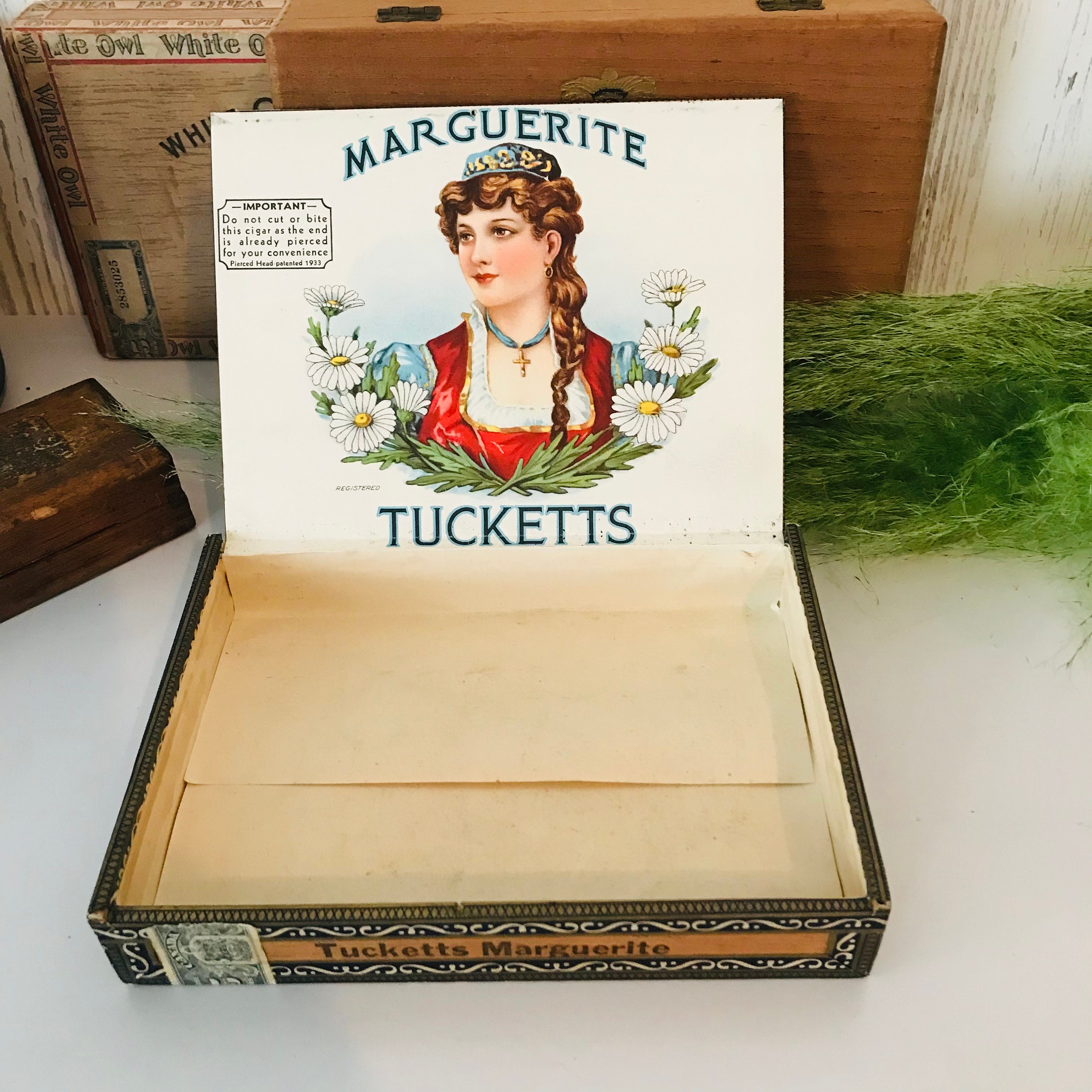 Antique Cigar Box, Antique Tucketts Marguerite Cigar Box, Wooden Cigar ...