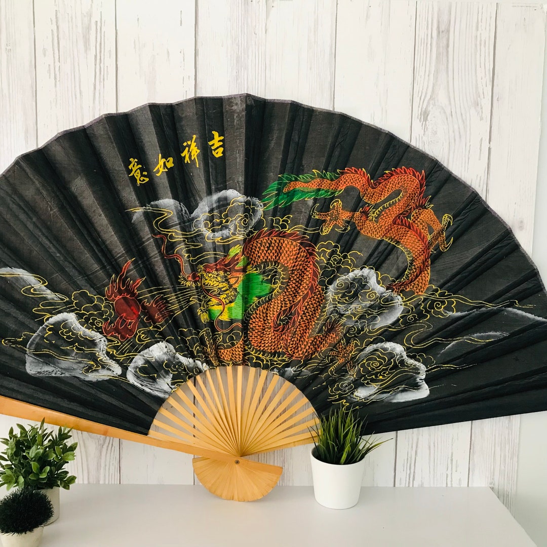 Vintage Large Folding Fan, Giant Hand Painted Fabric Fan, Asian Floral ...