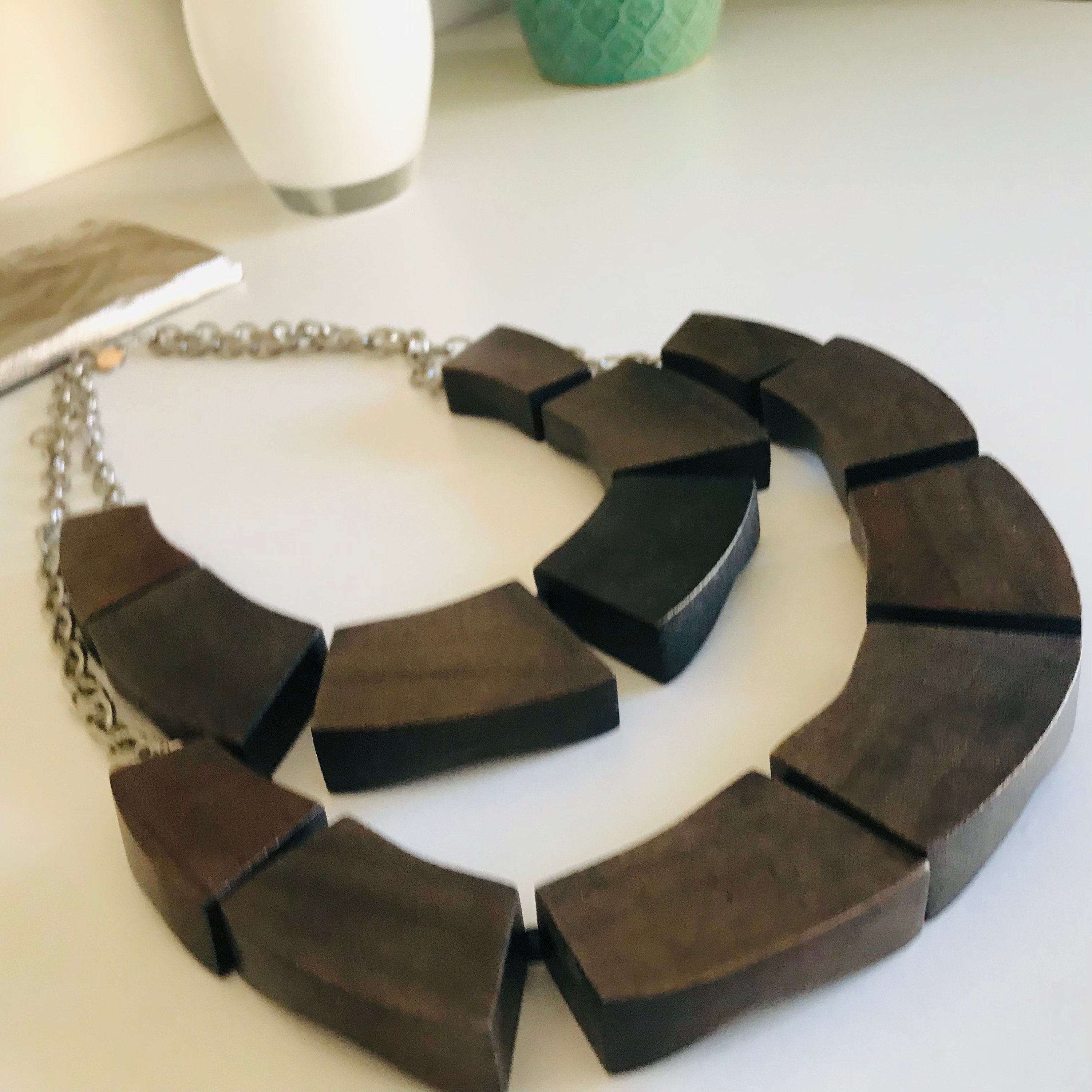 2 Row Statement Chunky Wood Fashion Necklace, Vintage Wooden Collar for ...