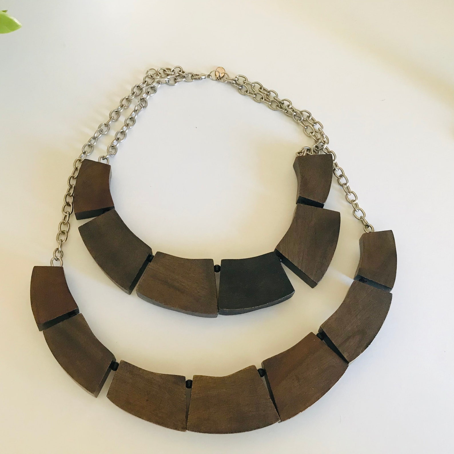 2 Row Statement Chunky Wood Fashion Necklace, Vintage Wooden Collar for ...