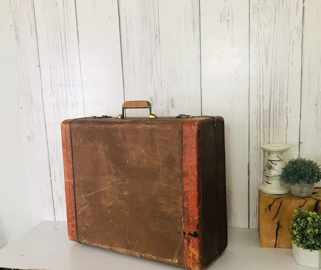 Vintage Suitcase, Large Tweed Luggage With Leather Trim and Handle ...