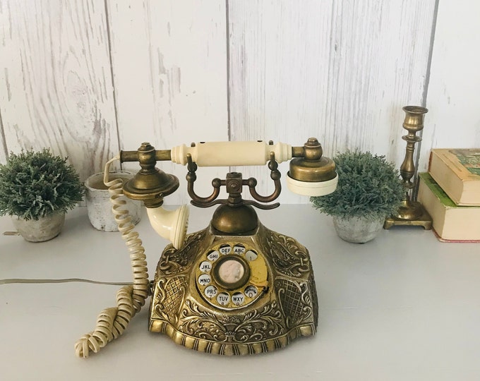 1970 Hollywood Regency Rotary Telephone, Antique Phone, Vintage Brass ...