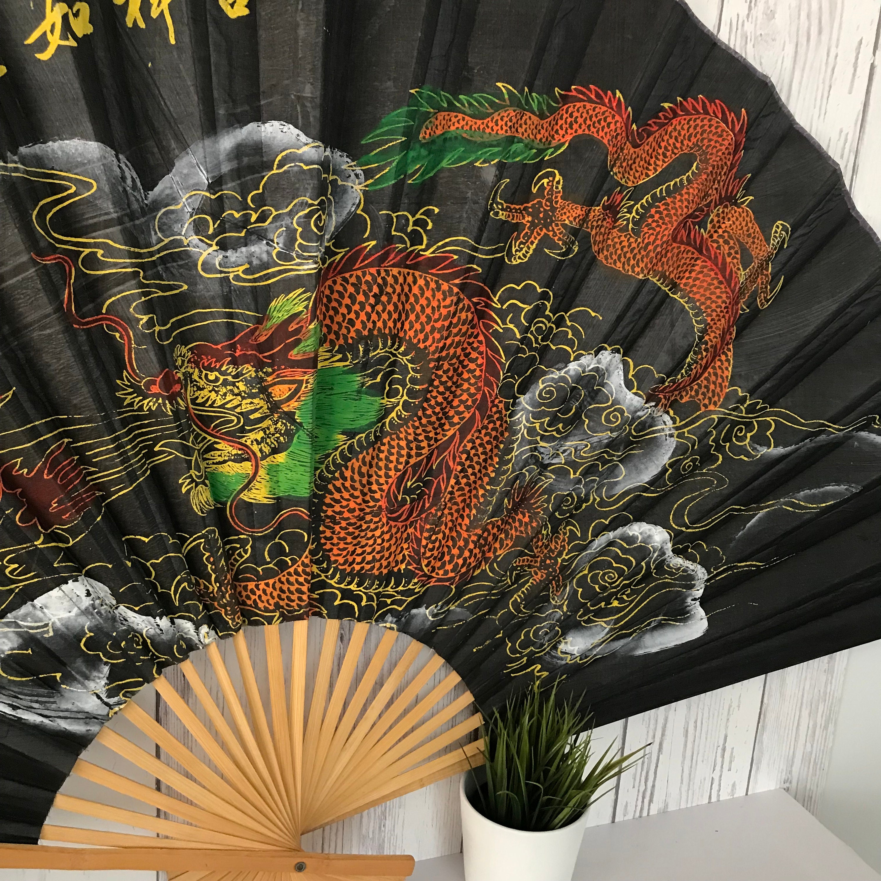 Vintage Large Folding Fan, Giant Hand Painted Fabric Fan, Asian Floral ...