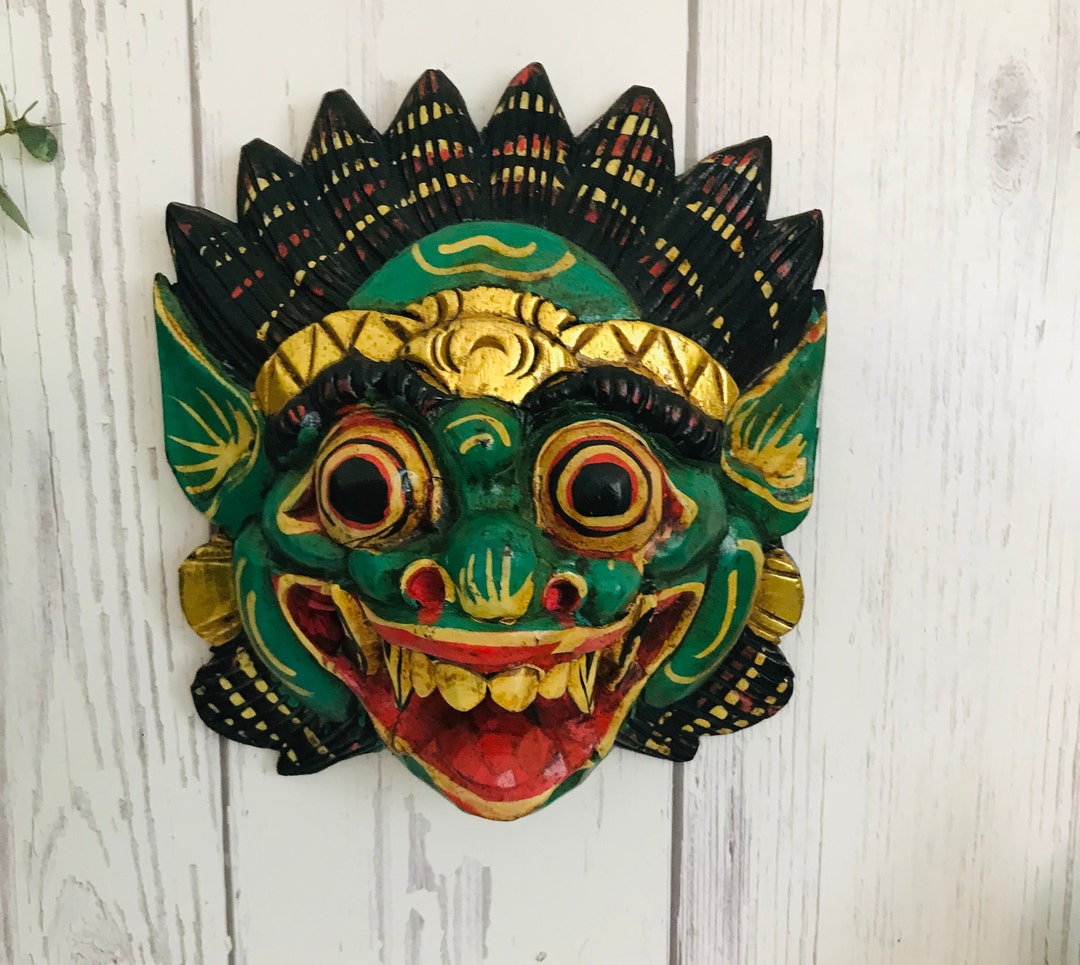 Wooden Monkey Mask of Barong, Green and Gold Color Hand Carved Balinese ...