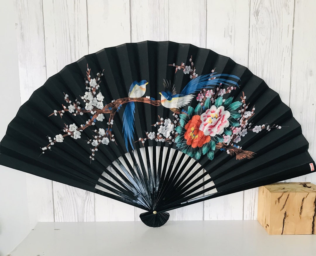 Vintage Large Folding Fan, Giant Hand Painted Fabric Fan, Asian Floral ...