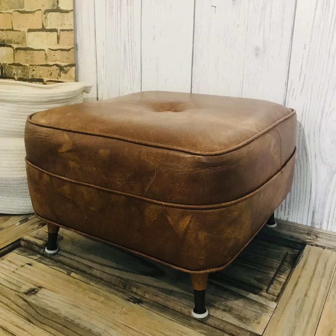 Midcentury Leather Foot Stool, Vintage Stool, MCM Brown Square Leather ...