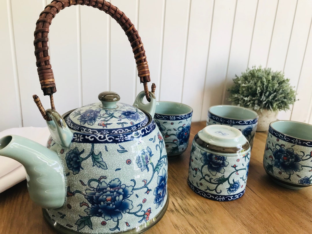 Blue Ceramic Teapot Set, Teapot With Filter, Sake Pot and Cups ...