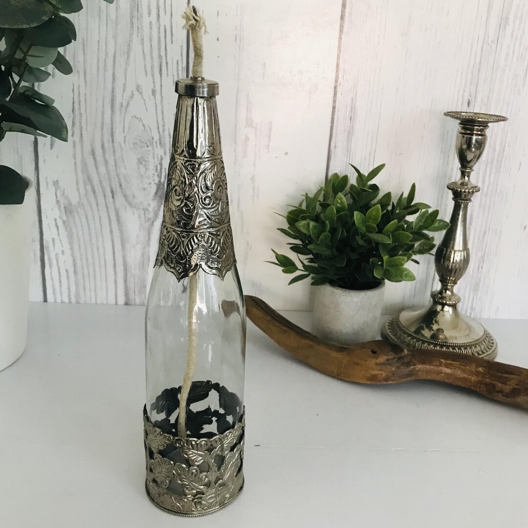Vintage Alcohol Lamp, Moroccan Oil Lamp, Silver Ornate Metal Bottle ...