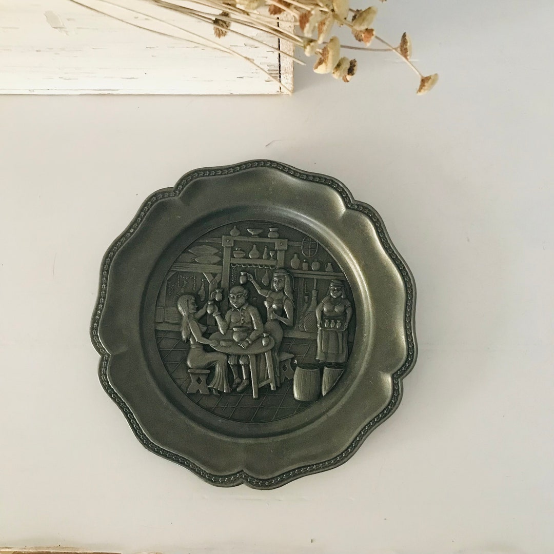 Vintage Wall Pewter Metal Plate Plaque, Figural Medieval Tavern Scene ...