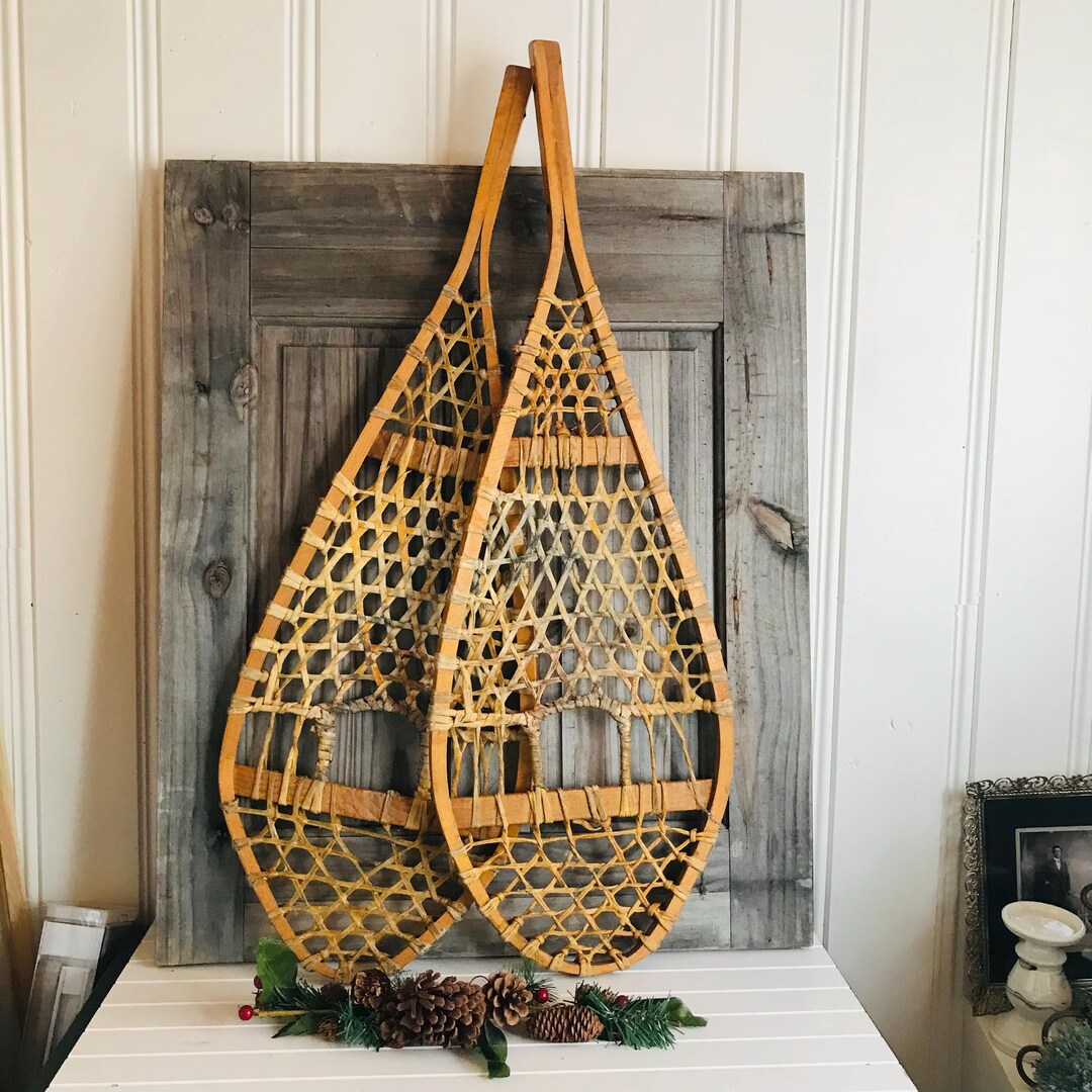 Vintage Wooden Snowshoes, Primitive Wooden Snowshoe, Beavertail Hand ...