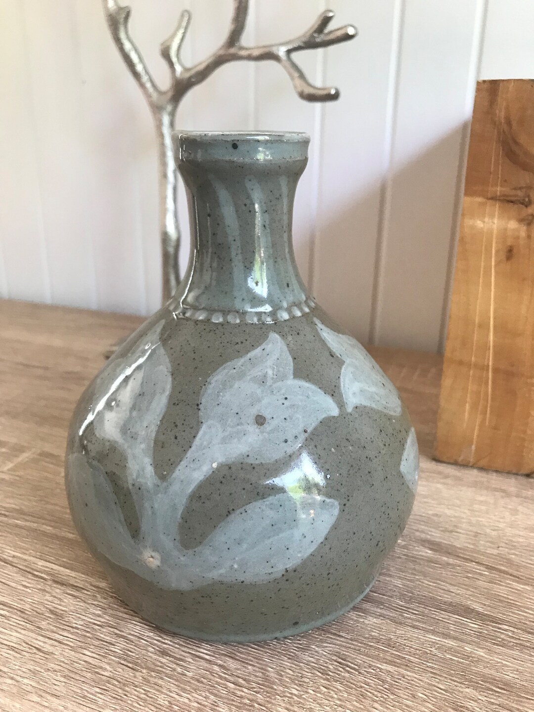Vintage Grey Ceramic Vase, Signed Quebec Pottery, Folk Art Floral Decor ...