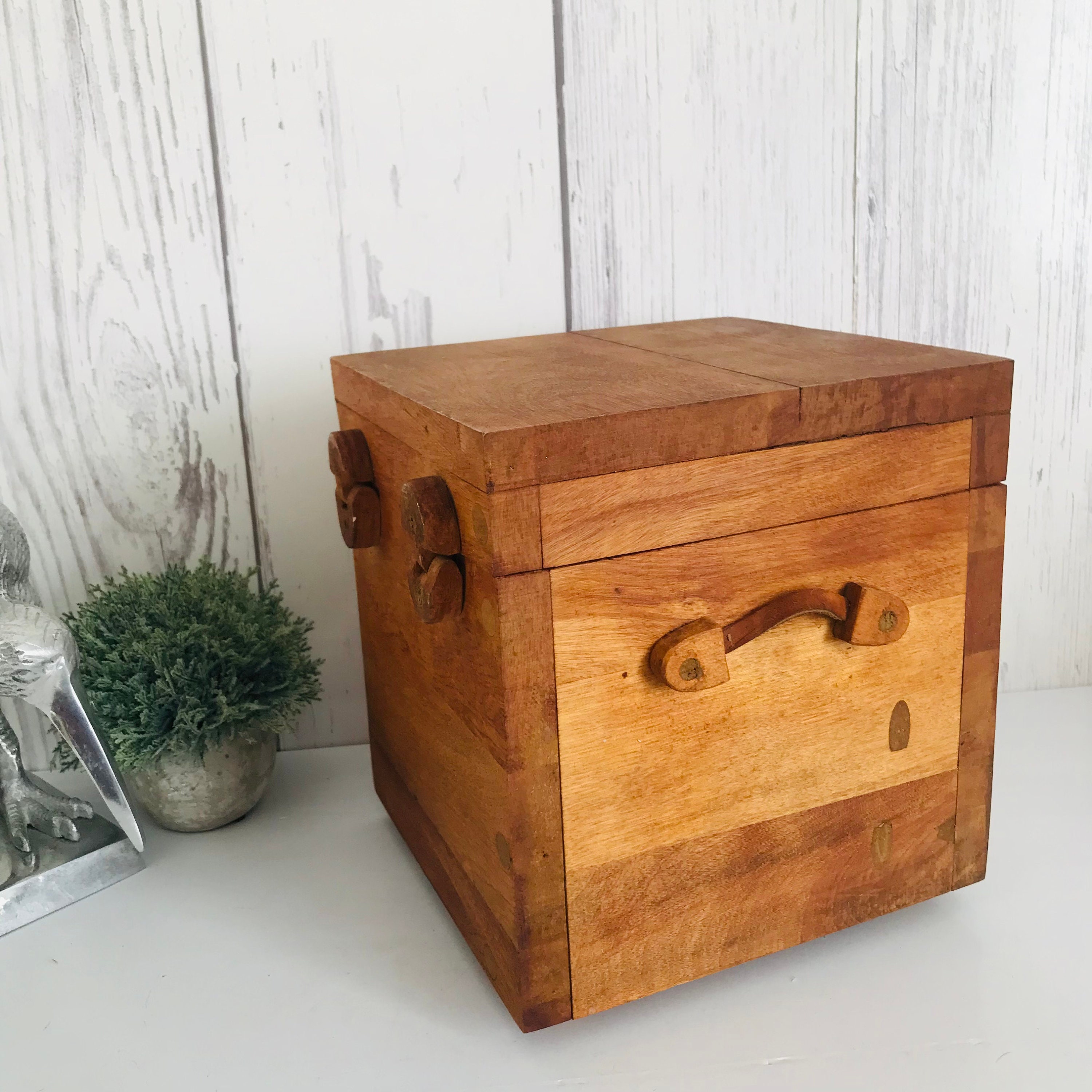 Vintage Wood Box With Lid, Leather Handle Wooden Box, Hand Crafted Wood ...