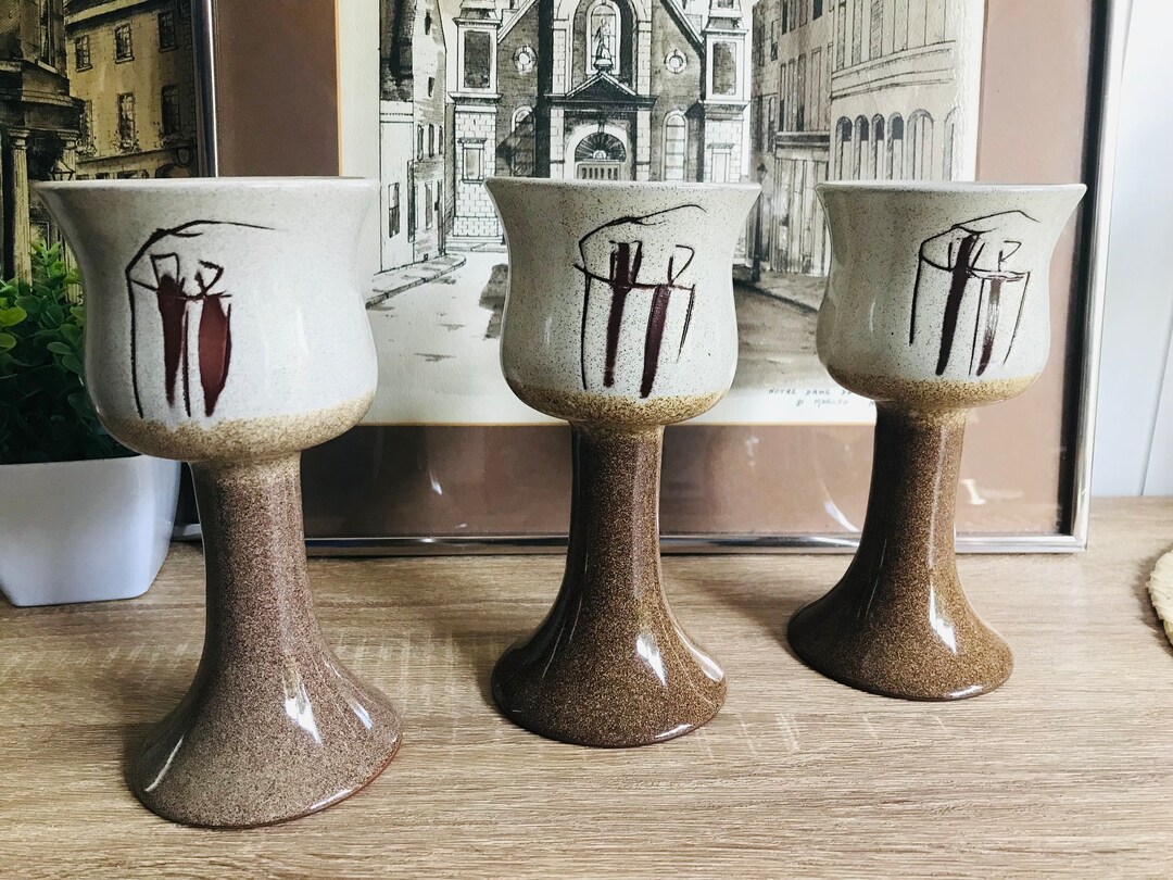 Vintage Pottery Goblets Signed Quebec, Mid-century Hand-made Stoneware ...