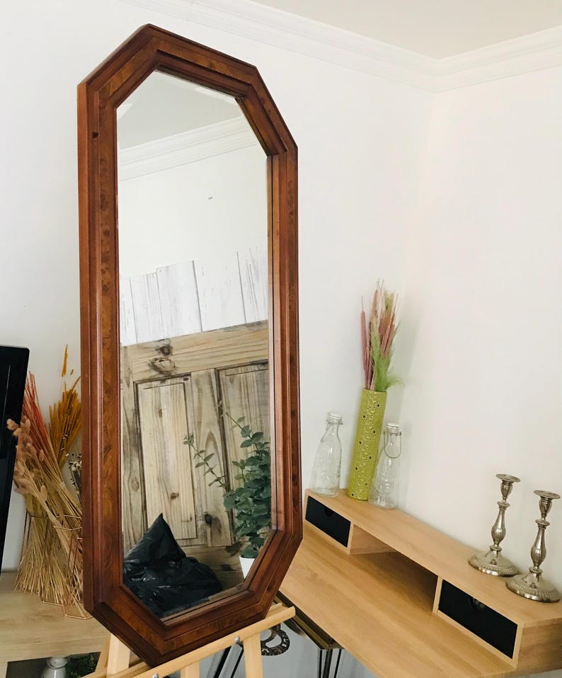 Vintage Octagonal Wood Framed Beveled Mirror, Wall Hanging (42.5''x 22 ...