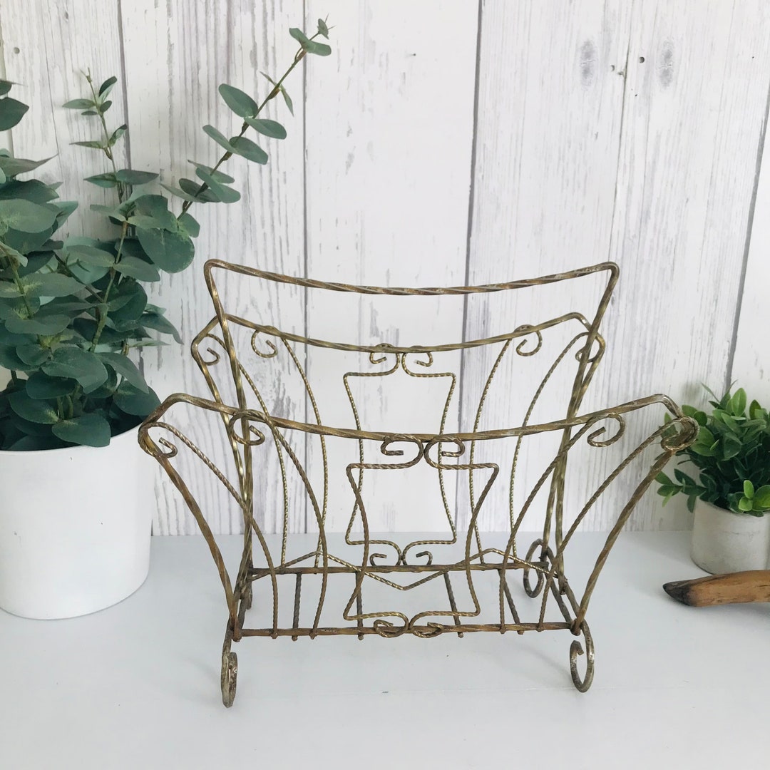 Vintage Mid Century Modern Gold Metal Magazine Rack, Retro Gold Album ...