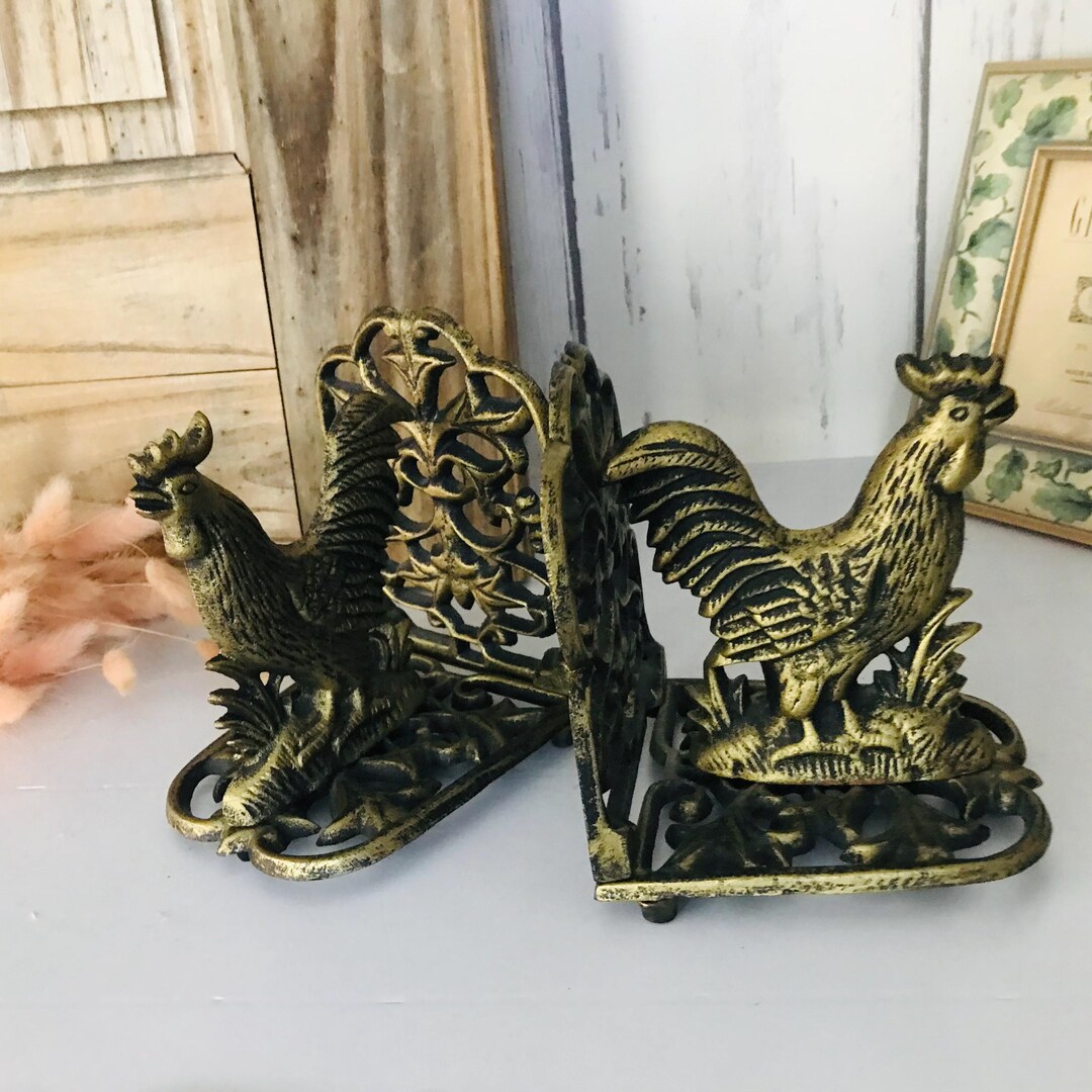 Cast Iron Rooster Bookends, Book Holders Shelf Chicken Bronze Tone ...