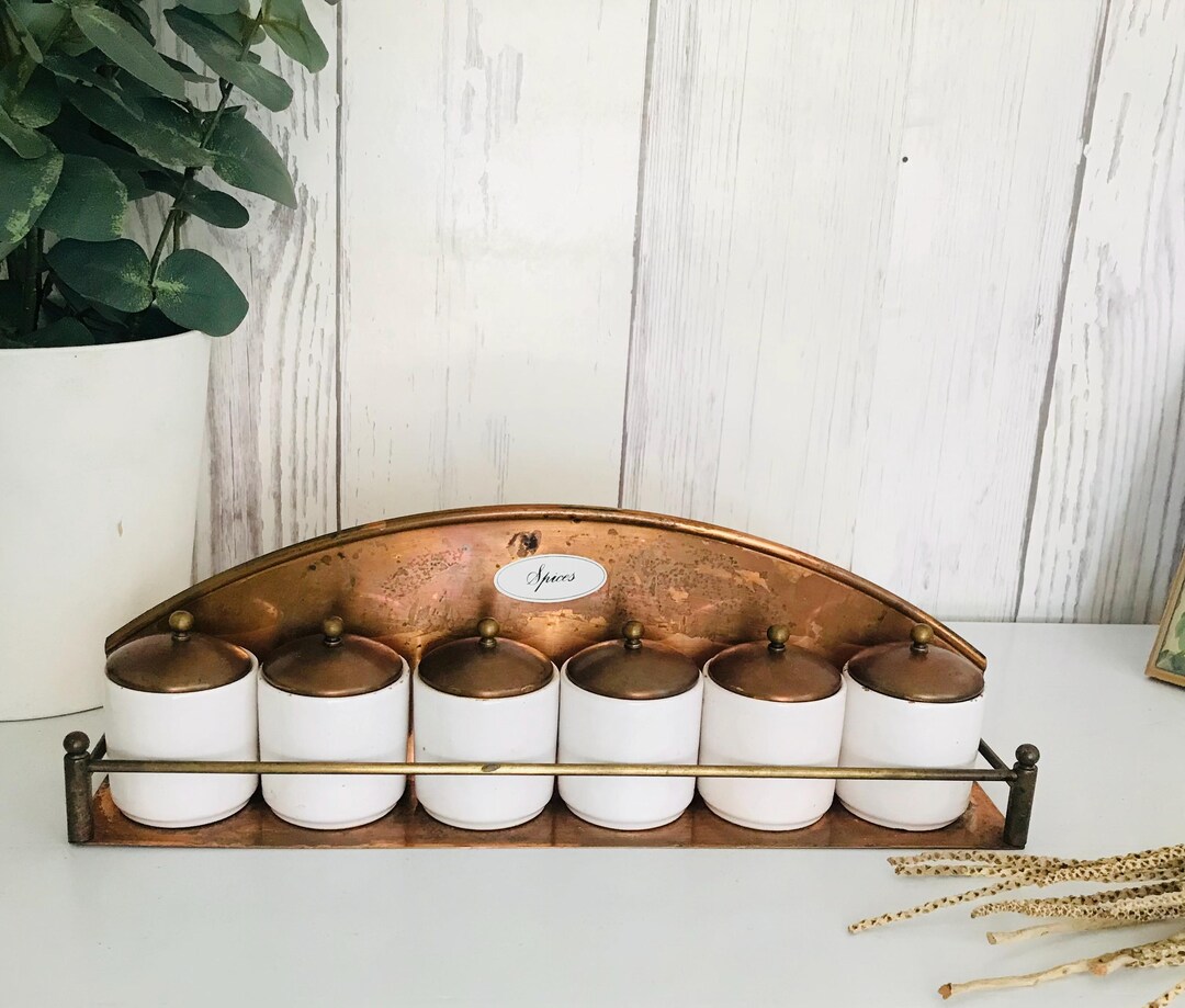 Vintage Spice Rack, MCM Copper Lid White Glass Jar, Portuguese Spice ...