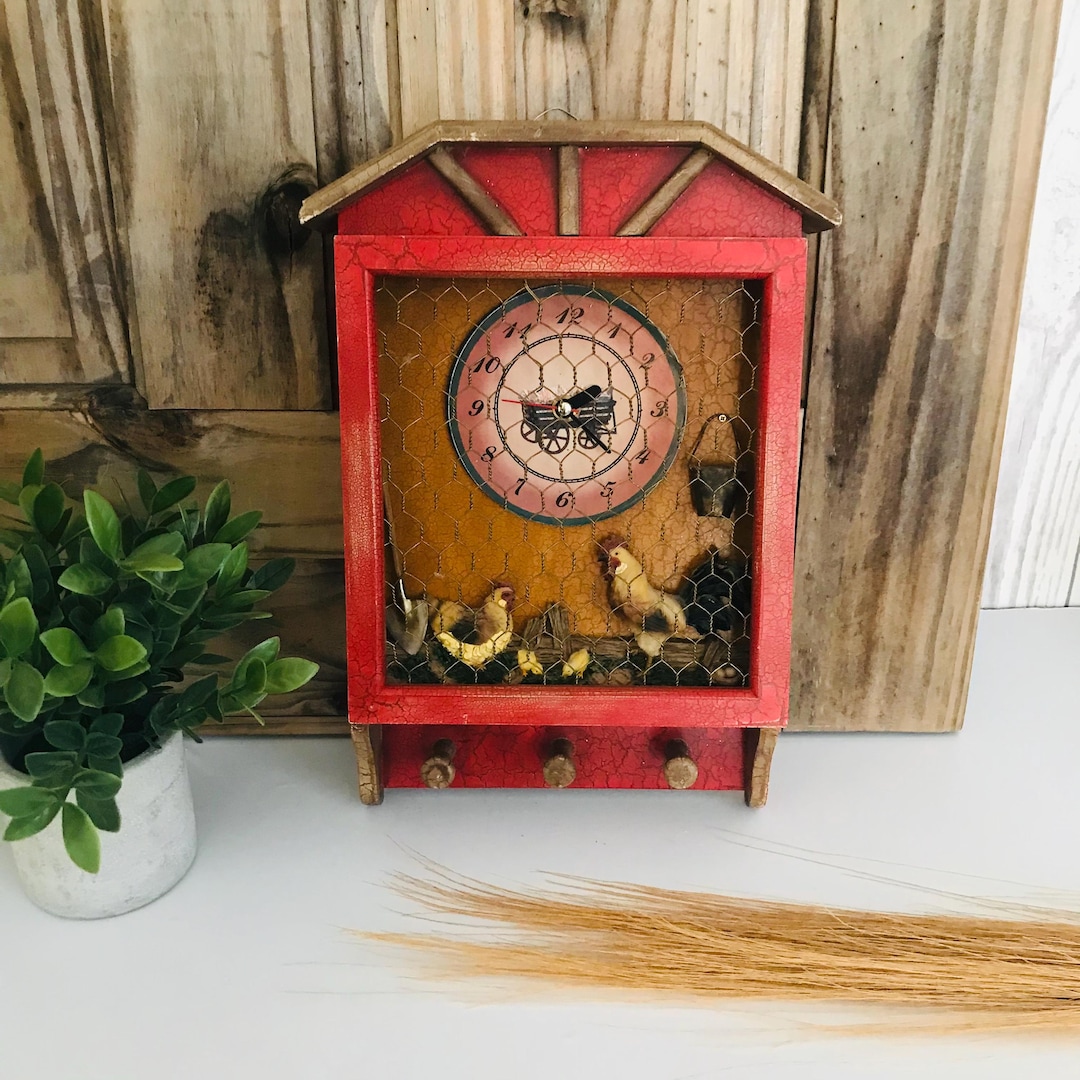 Red Barn Yard Wall Clock, Vintage Wooden Red Barn Clock, Chicken and ...