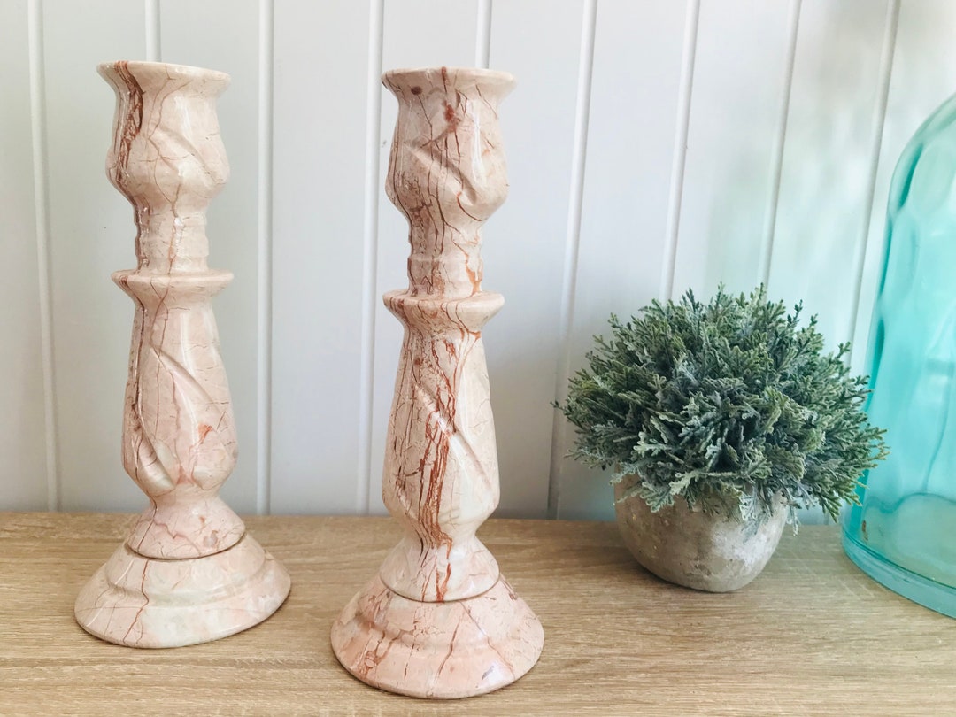 Vintage Soapstone Candlestick, Retro Pink Alabaster Candle Holder, Pair ...