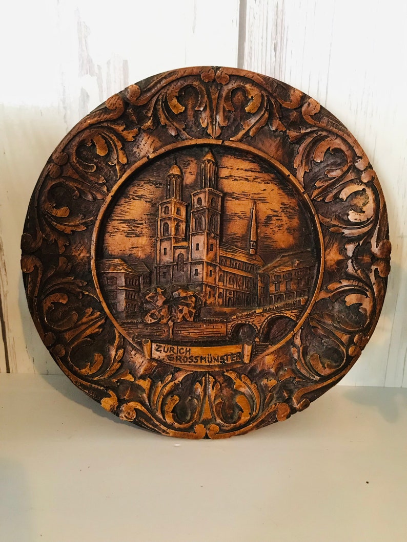 Vintage Carved Wood German Plate Zurich Grossmunster Village - Etsy