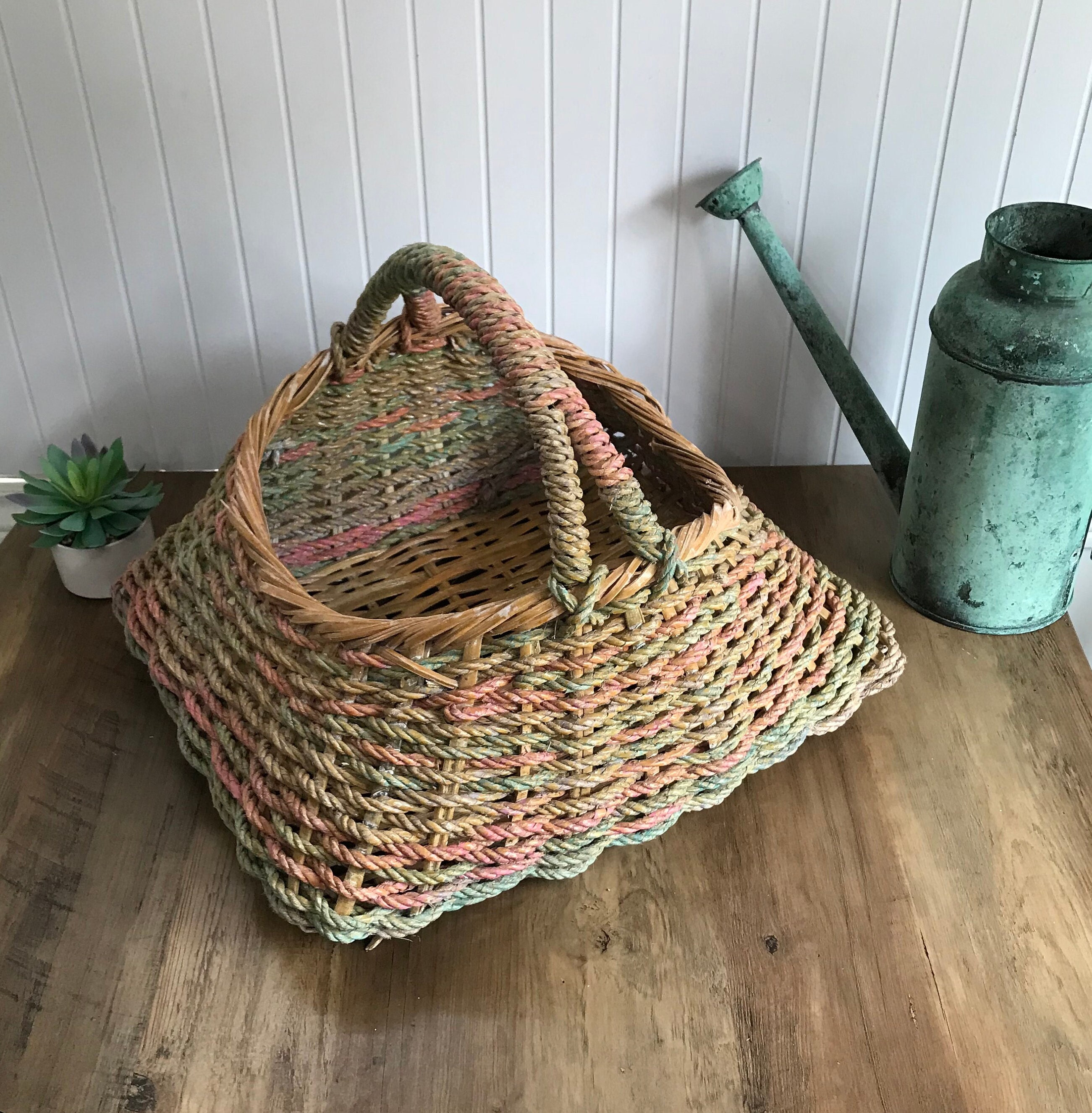 Large Vintage Wickerwork Gathering Basket, Rare Pastel Colors Market ...