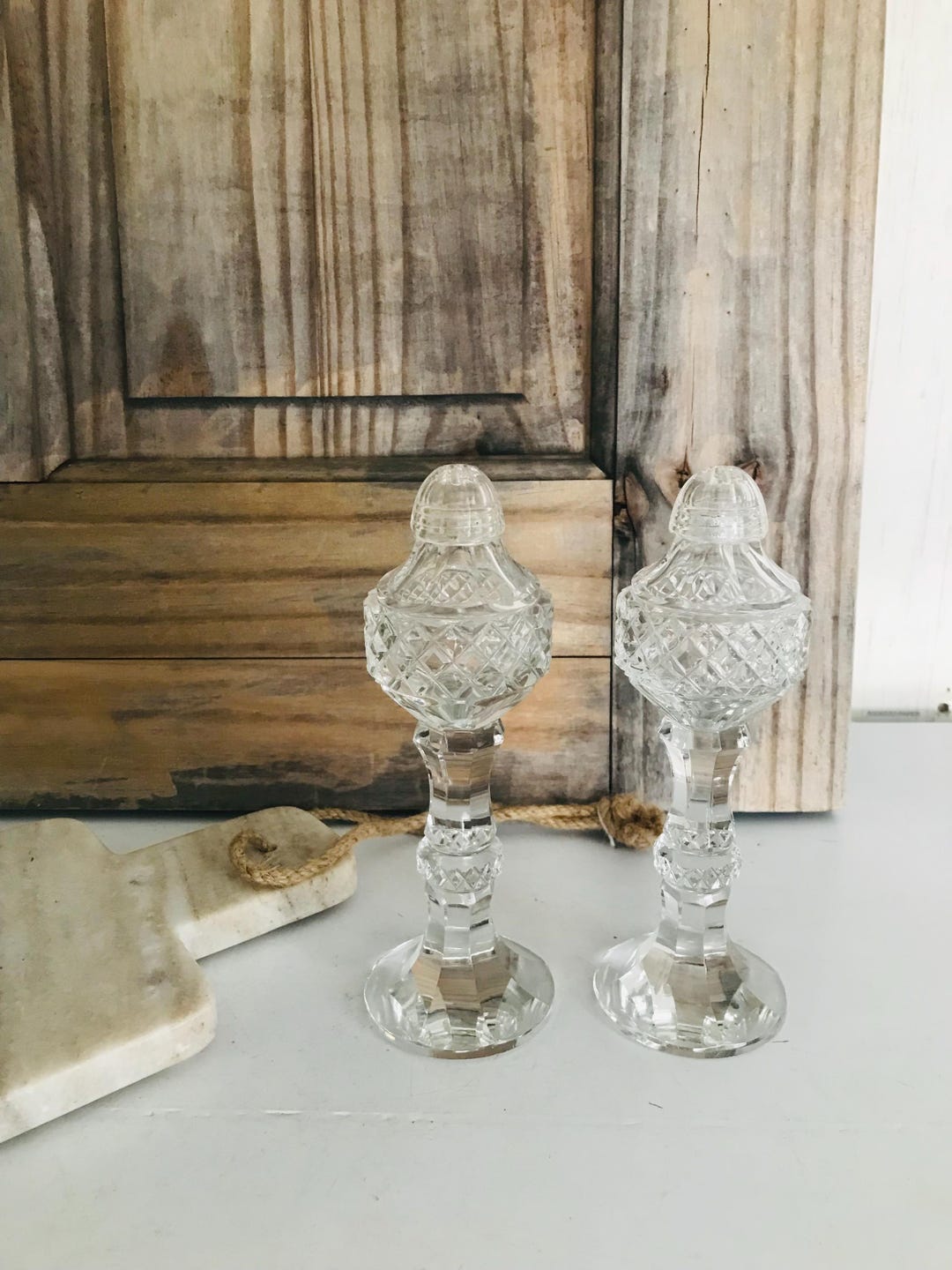 Bohemian Czech Cut Crystal Glass Pedestal Salt & Pepper Shakers, Set of ...