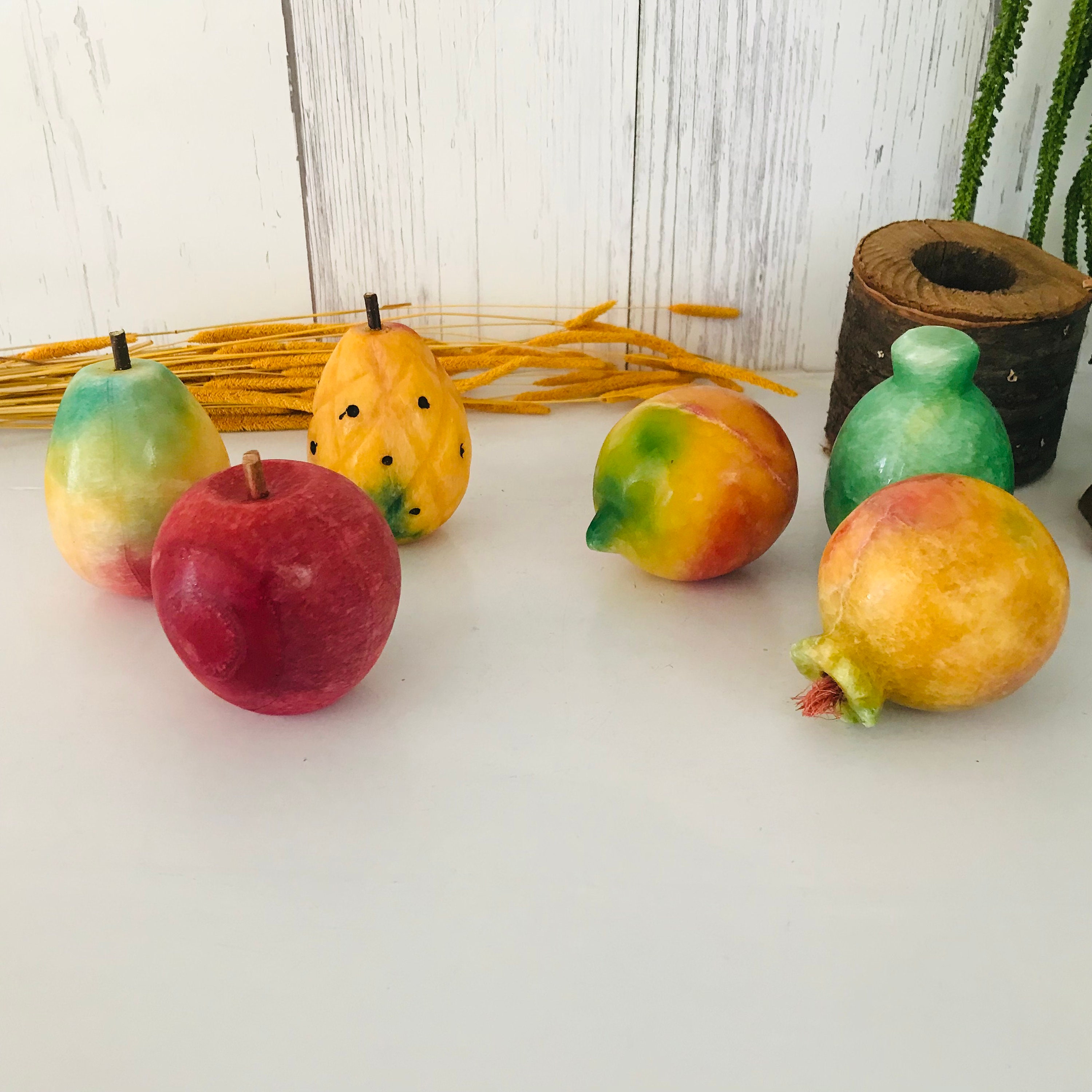Vintage Italian Alabaster Carved Stone Fruit Set of 6, Italian Polished ...