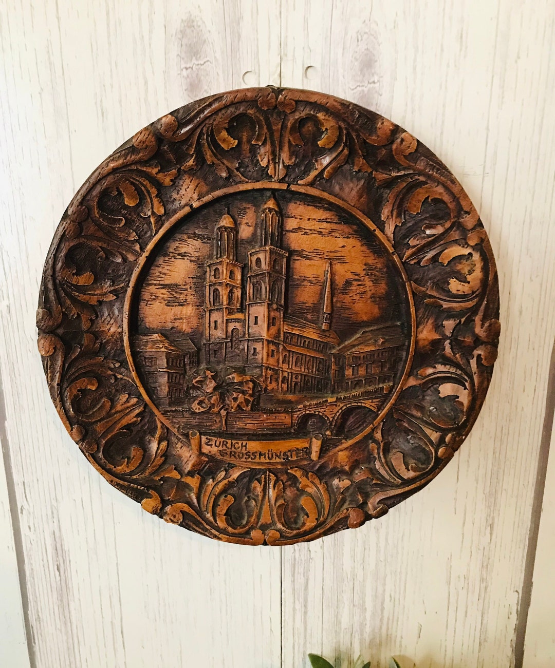 Vintage Carved Wood German Plate, Zurich Grossmunster Village Scene ...