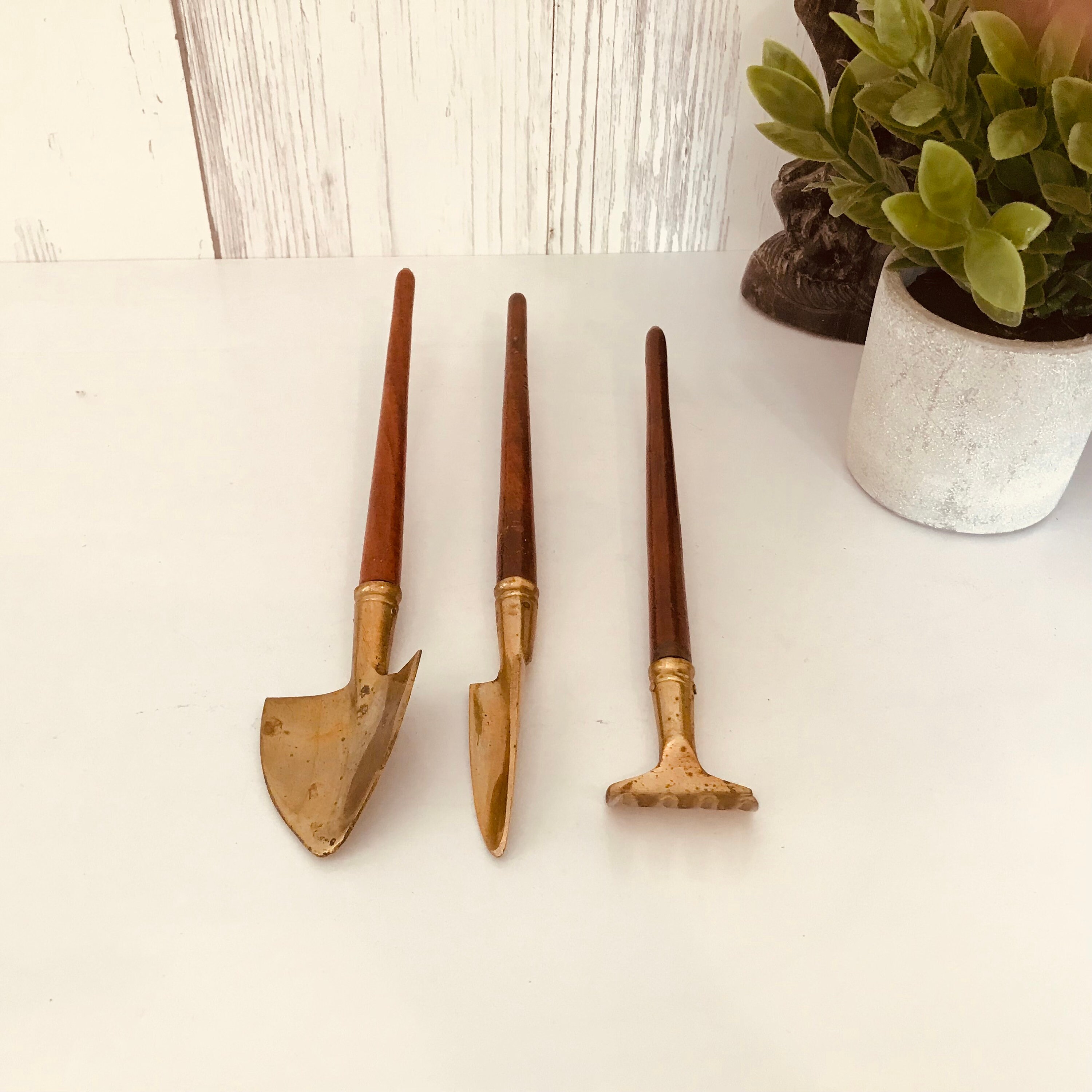 Vintage Garden Instruments, 50's Miniature Tools, Wooden and Brass Rake ...