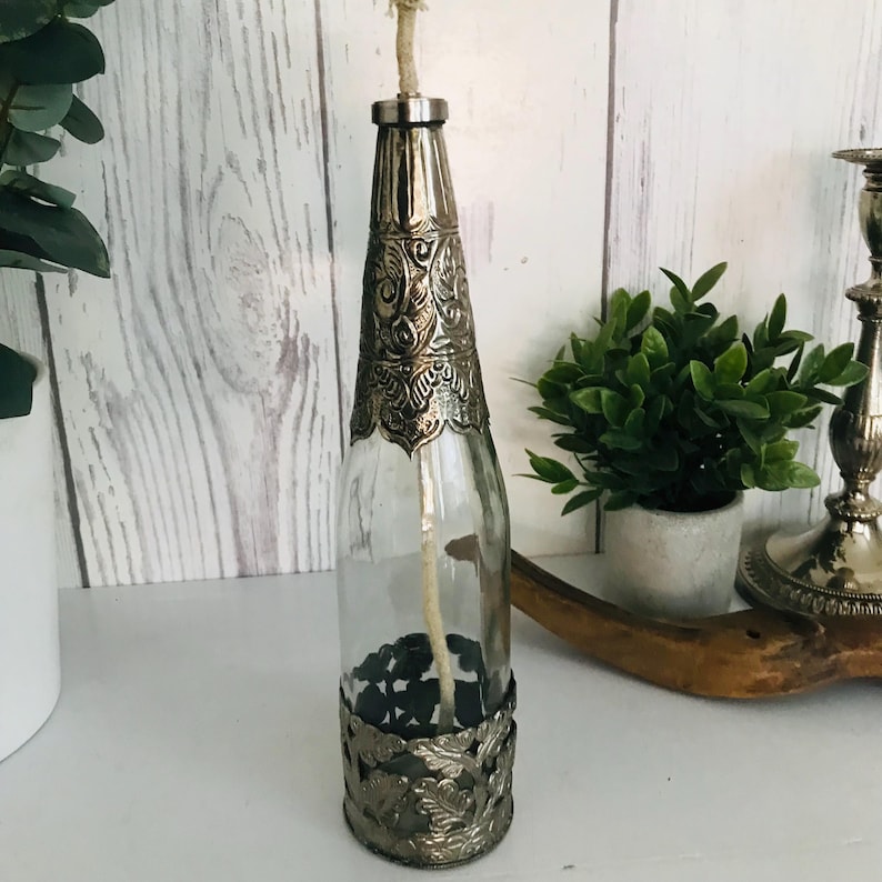 Vintage Alcohol Lamp, Moroccan Oil Lamp, Silver Ornate Metal Bottle ...