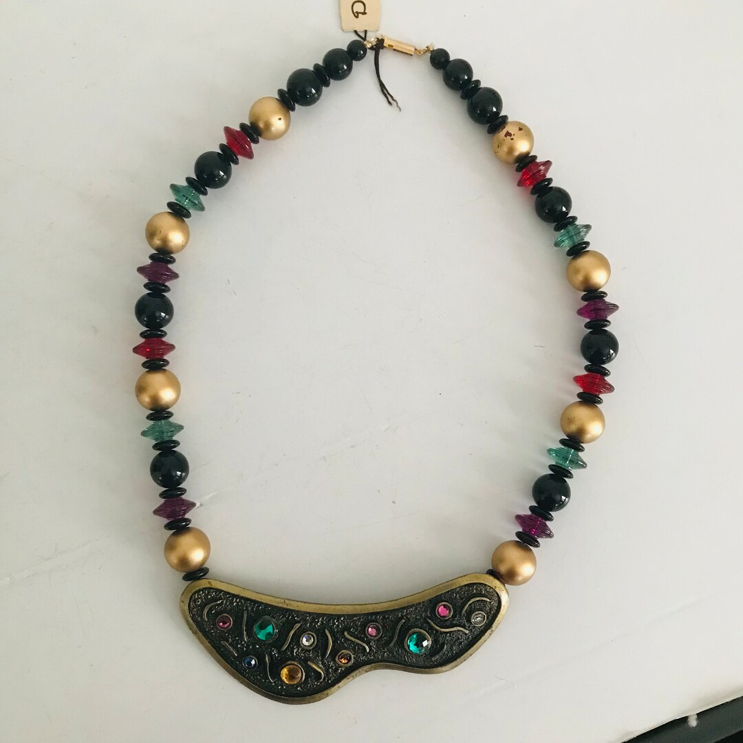 Vintage Plastron Necklace, Jewelry Beaded Necklace, Gold and Black Daus ...