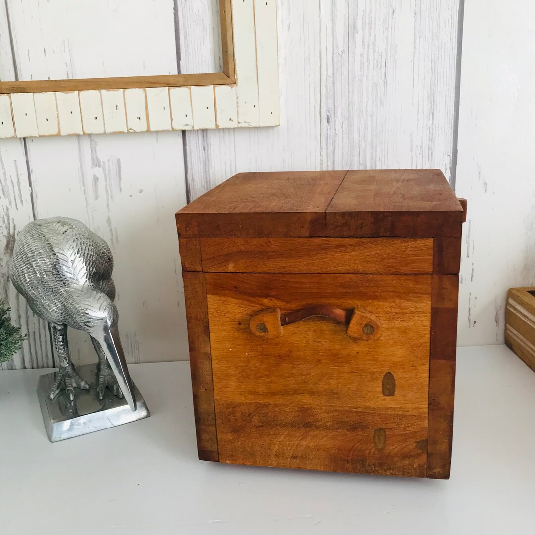 Vintage Wood Box With Lid, Leather Handle Wooden Box, Hand Crafted Wood ...