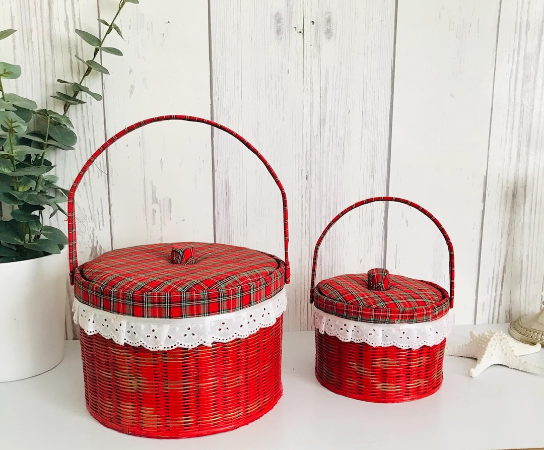 Vintage Sewing Basket, Vintage Red Tartan Wicker Basket, Set of 2 ...
