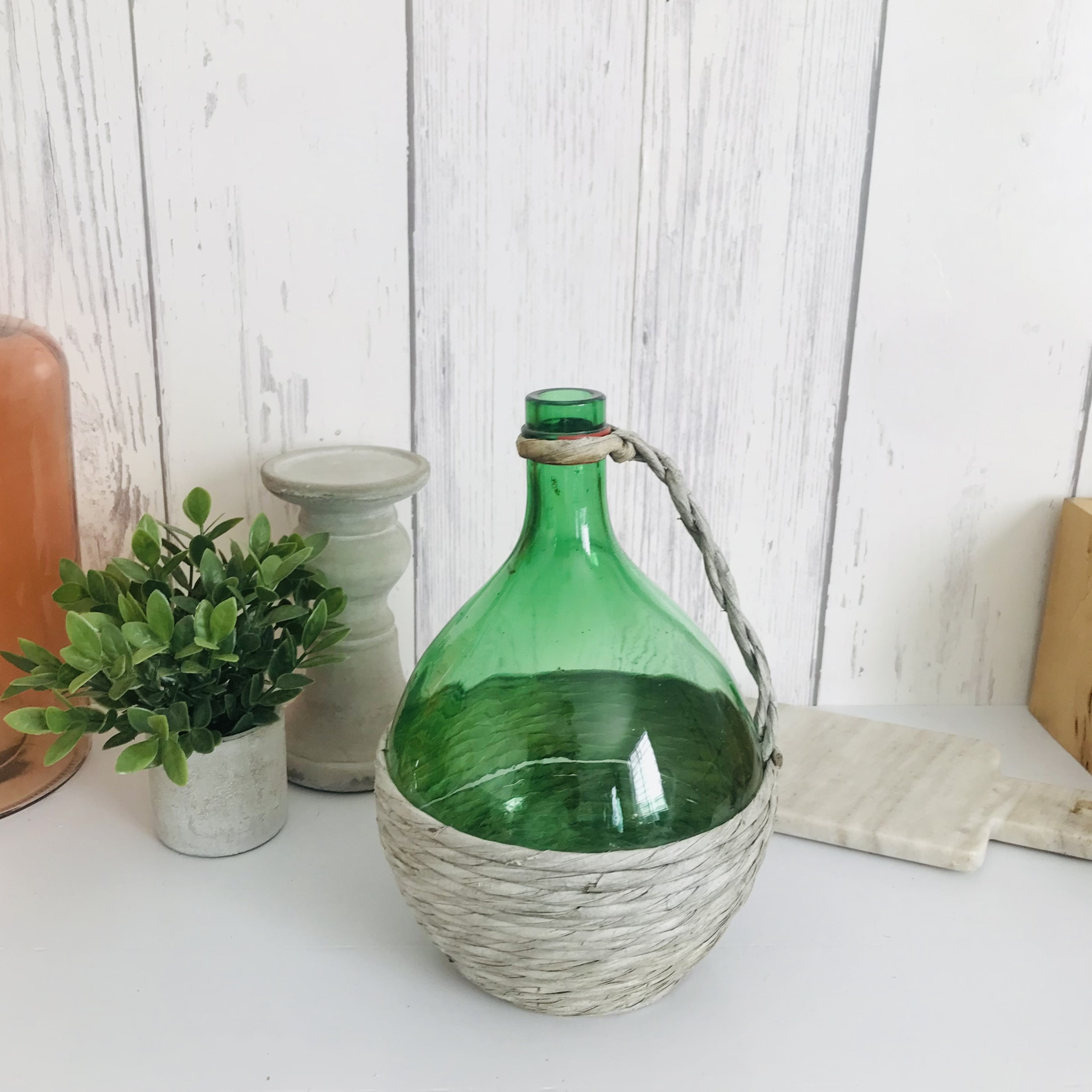 Antique Green Glass Bottle, Raffia Wrapped Green Glass Wine Bottle One Gallon Carboy Demijohn ...