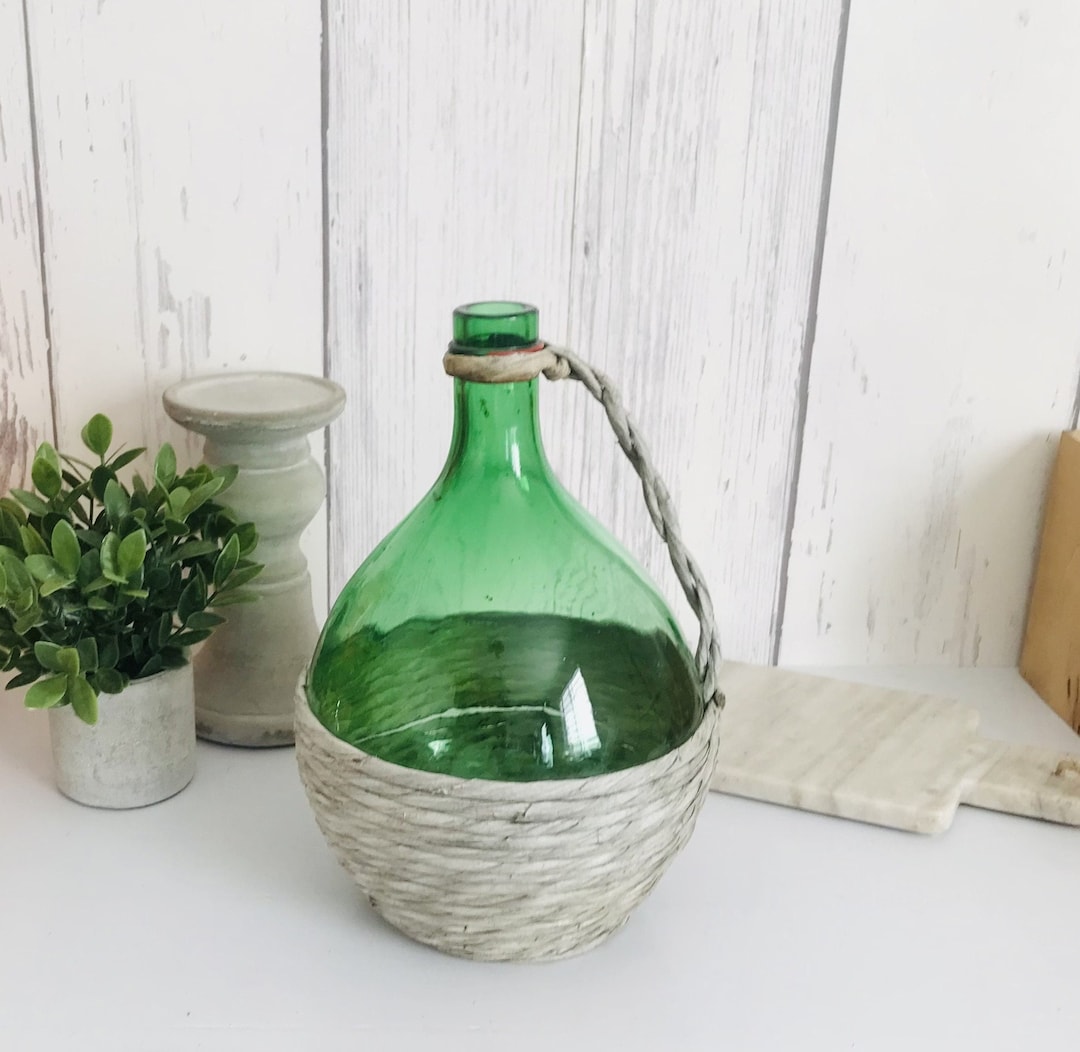 Antique Green Round Glass Bottle, Raffia Wrapped Green Glass Wine ...
