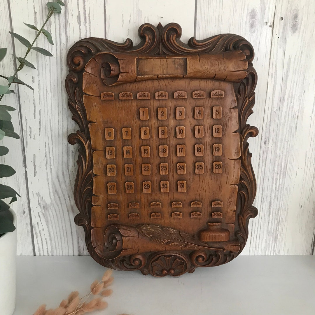 Vintage Wooden Perpetual Calendar, Hand Carved French Calendar, Wood ...