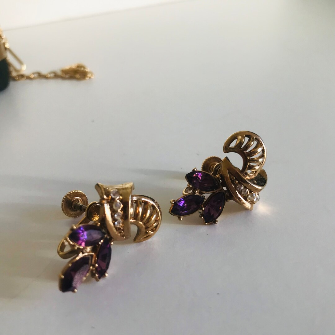 Coro Gold Earrings, Filigree Floral Flower Screw Back Earring, Purple ...
