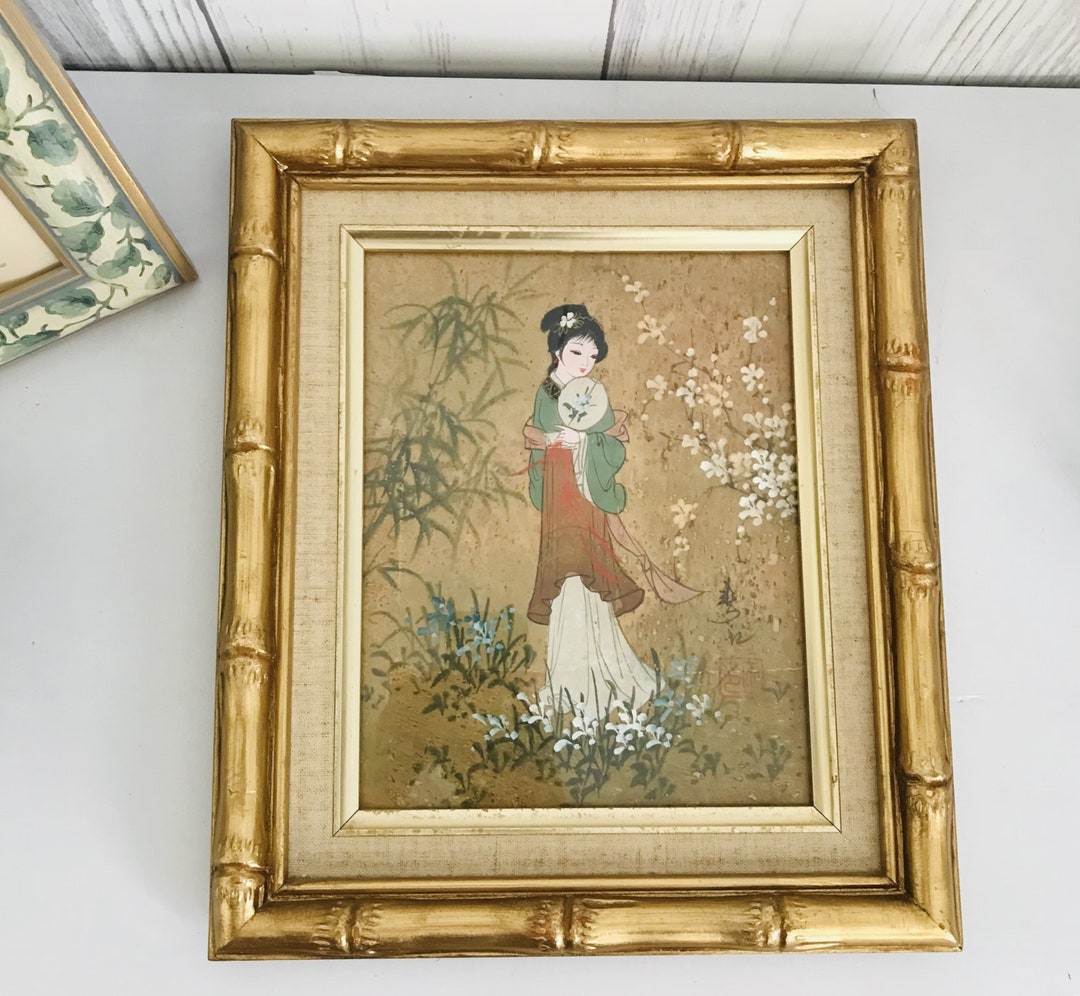 Chinese Geisha Girl Painting on Corkpaper, Antique Painting Geisha 13x ...