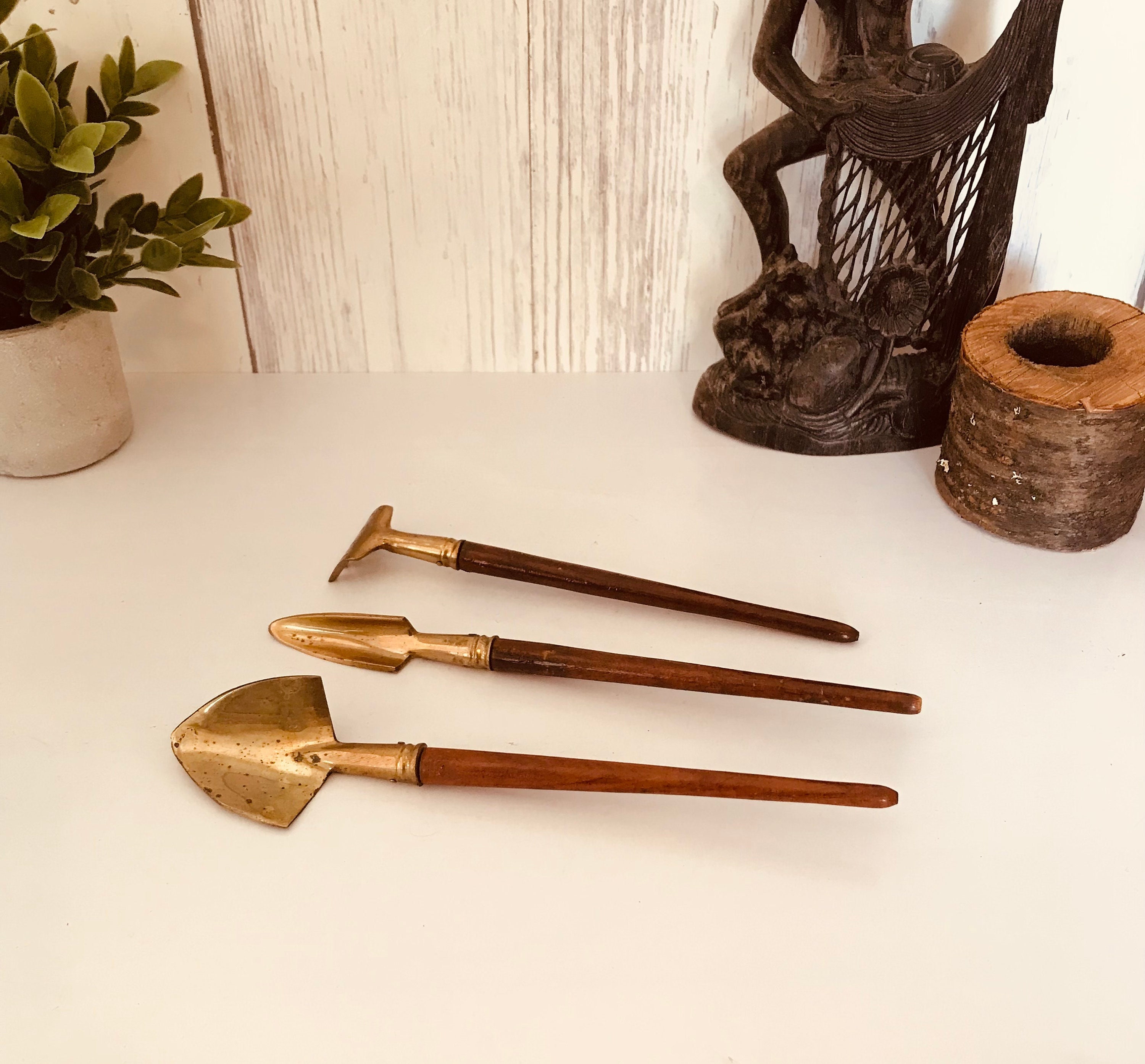 Vintage Garden Instruments, 50's Miniature Tools, Wooden and Brass Rake ...
