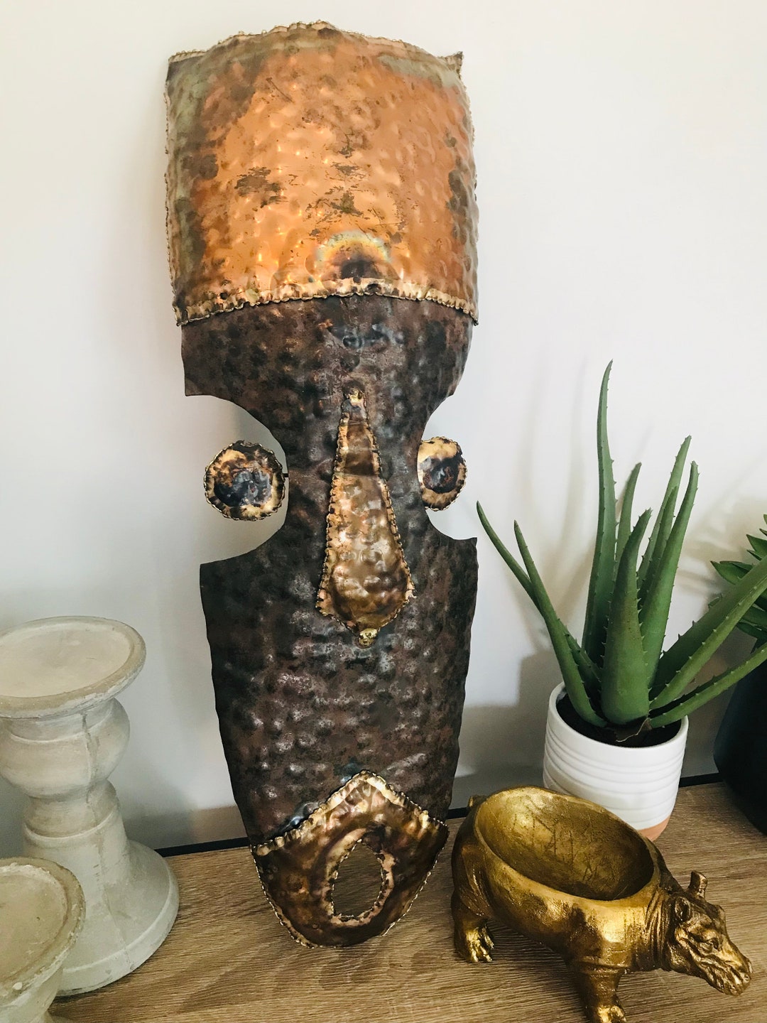 Vintage Metal Wall Art, Embossed Metal Mask Sculpture, XL Metal Mask ...