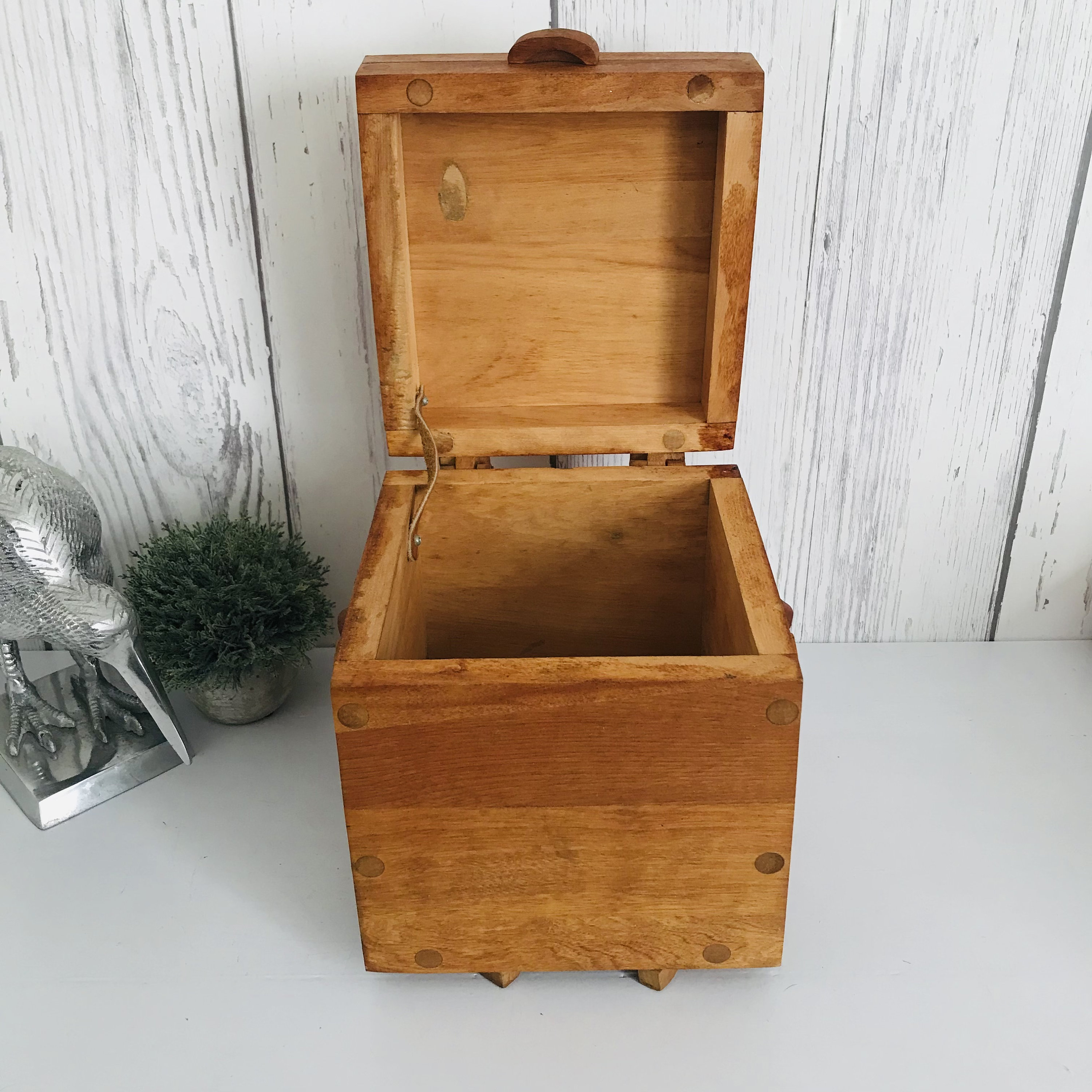 Vintage Wood Box With Lid, Leather Handle Wooden Box, Hand Crafted Wood ...