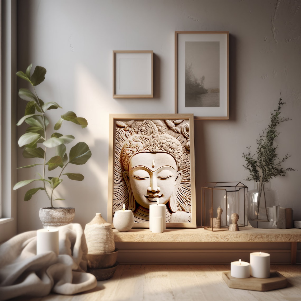 Resting Buddha Modern Zen Printable Wall Art, 3D Stone Mural Effect ...