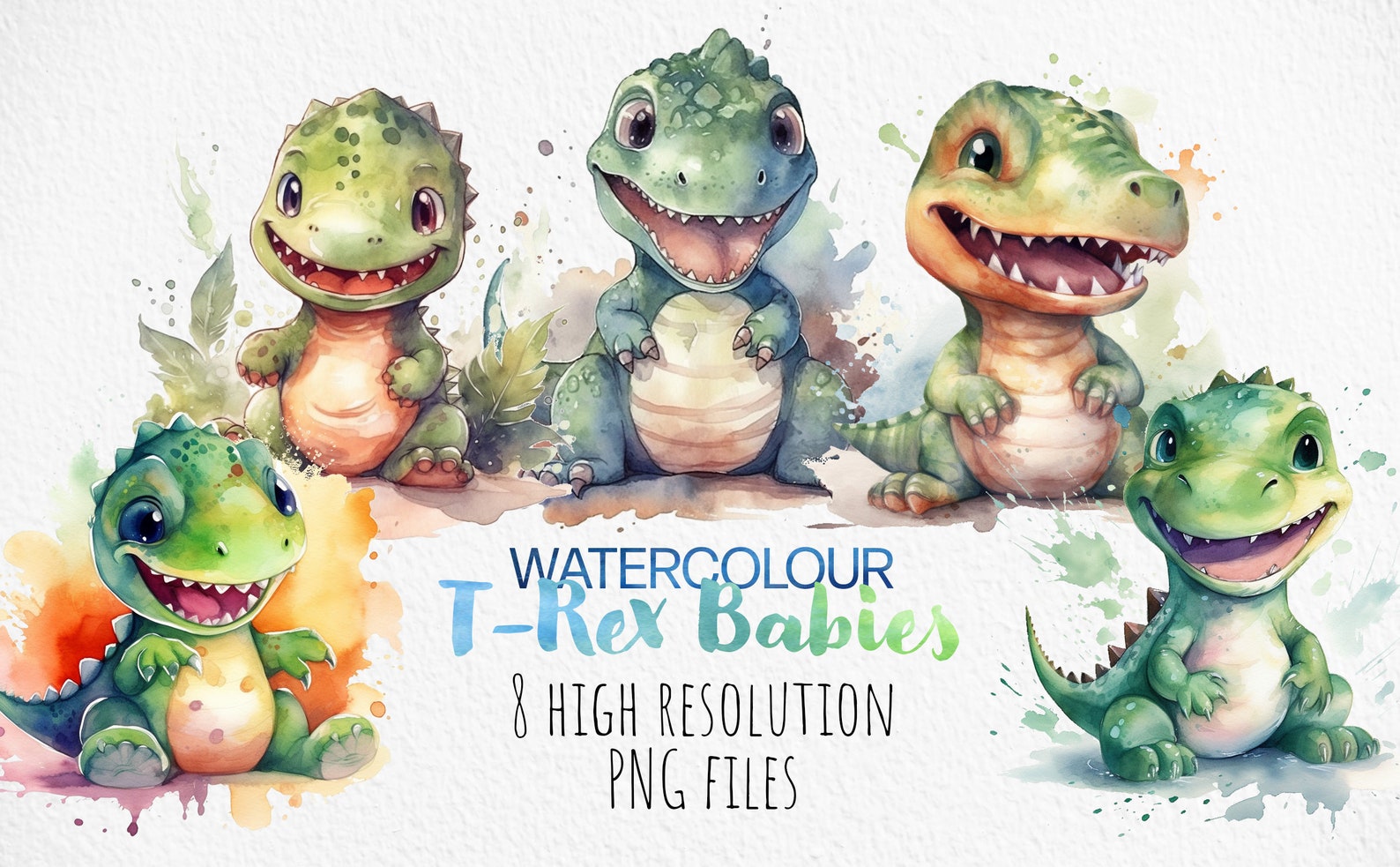 8-pack T-rex Watercolor Clipart Cute & Colorful Dinosaur - Etsy