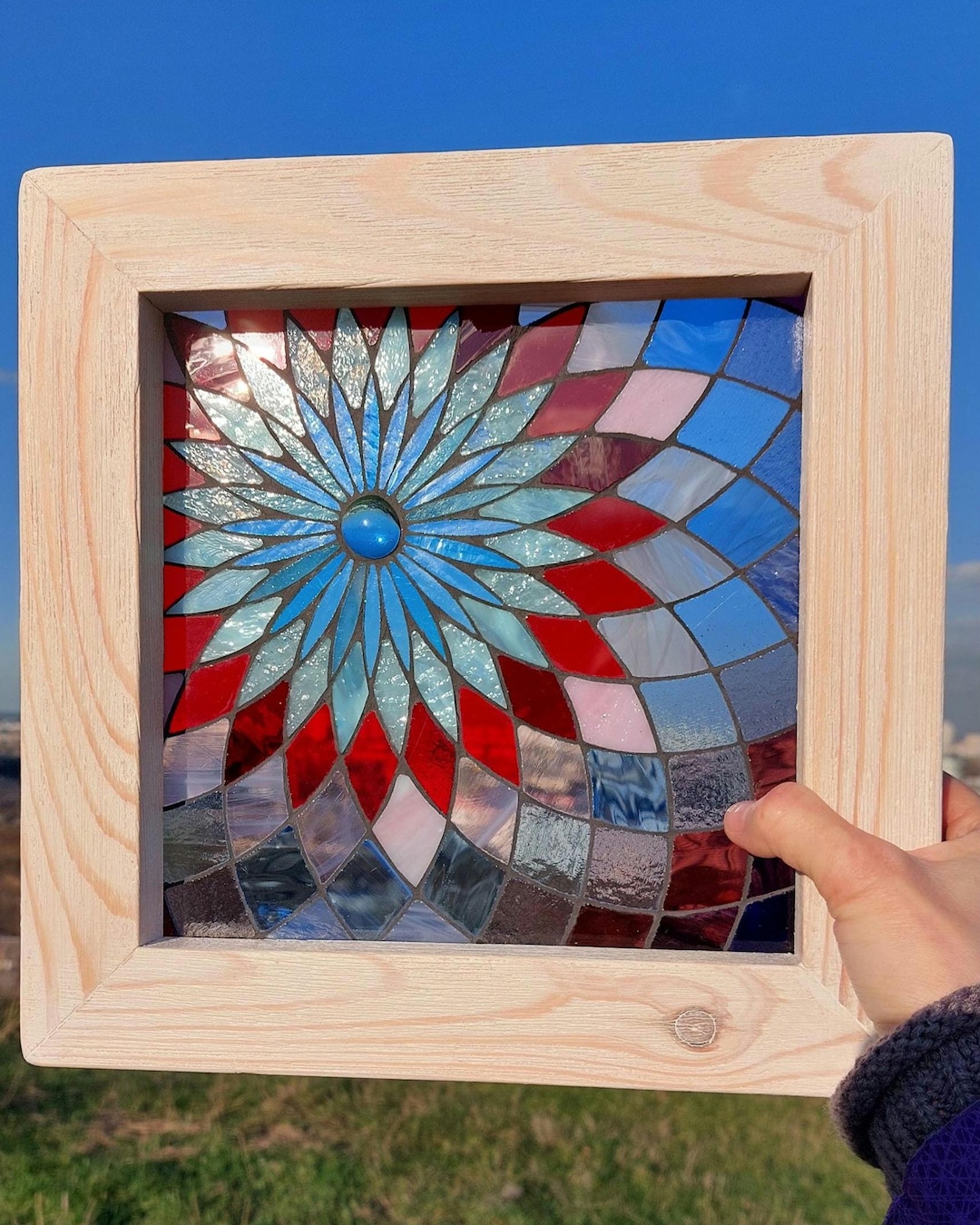 Wood Framed Stained Glass Mosaic Window With Sacred Geometry Design ...