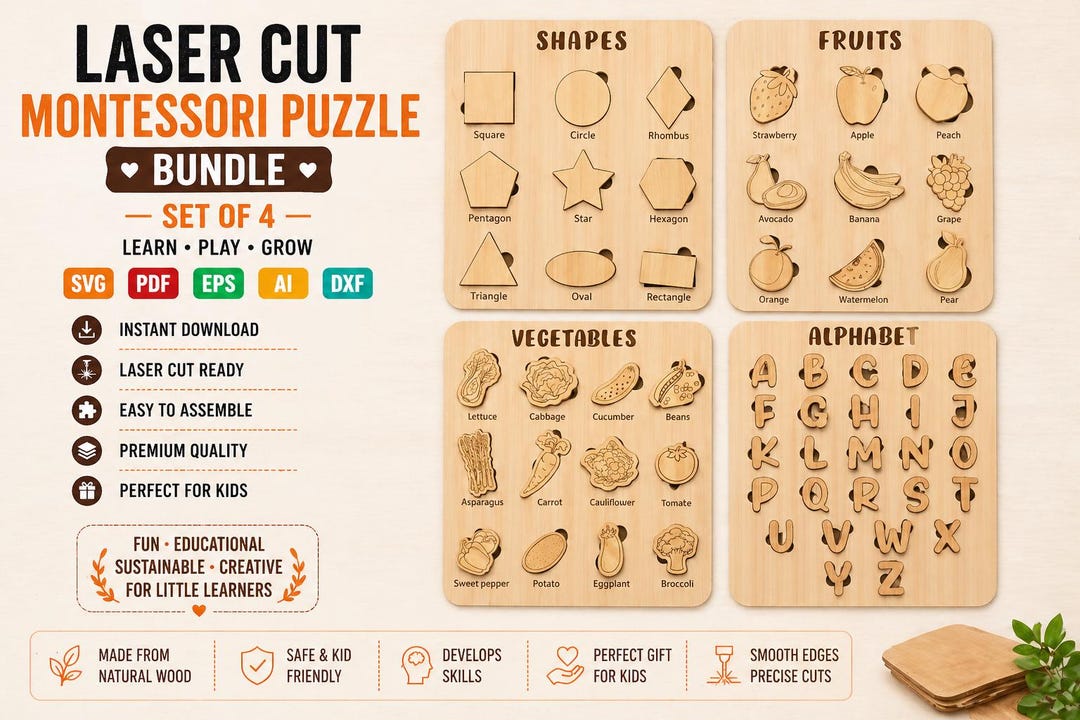 Laser Cut Montessori Puzzle SVG Bundle | Shapes, Fruits, Alphabet ...