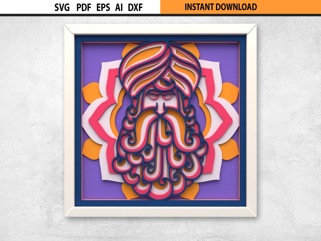3D SVG Indian Turban Man Layered Shadow Box DXF Mandala, Turban Man Man ...