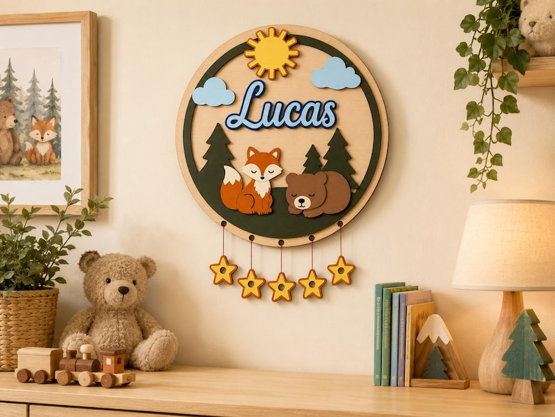Woodland Nursery Name Sign SVG Laser Cut Fox Bear Kids Room Decor ...