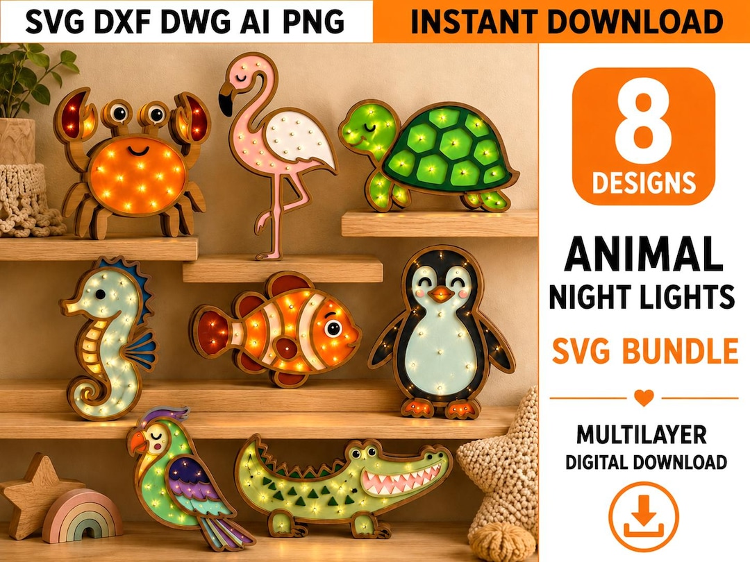 Laser Cut Night Light SVG 8 Design Animal Bundle Multilayer Kids Room ...