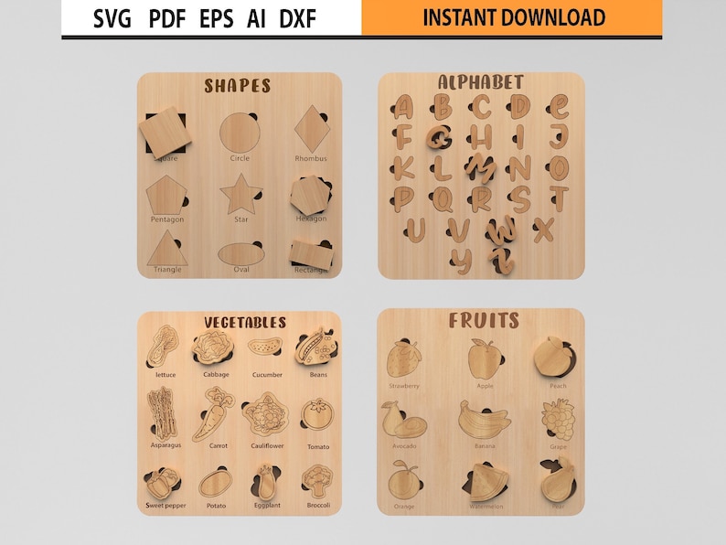 Laser Cut Montessori Puzzle SVG Bundle | Shapes, Fruits, Alphabet ...